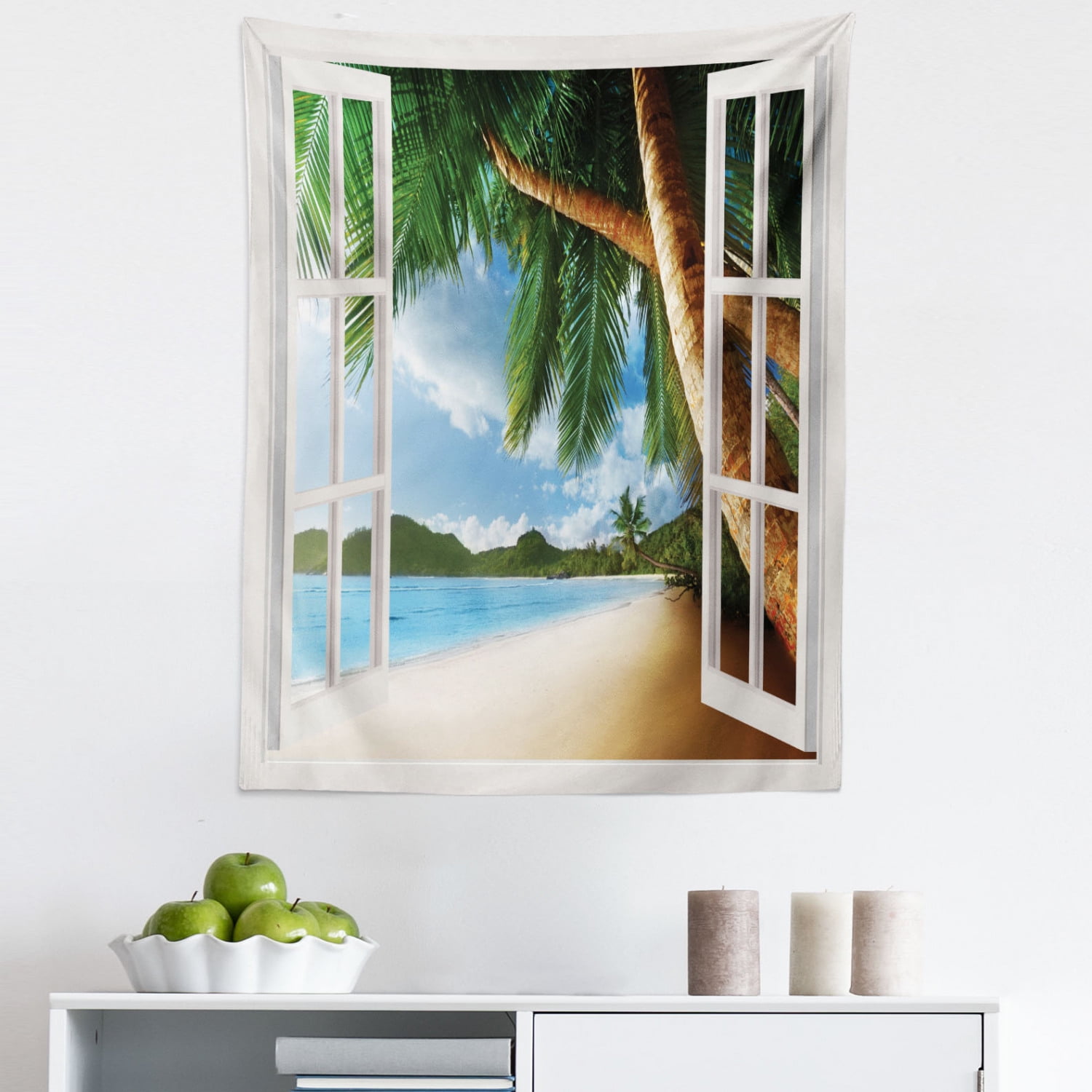 Beach Tapestry, Nautical Theme Window View of Palm Trees on Sand Beach ...