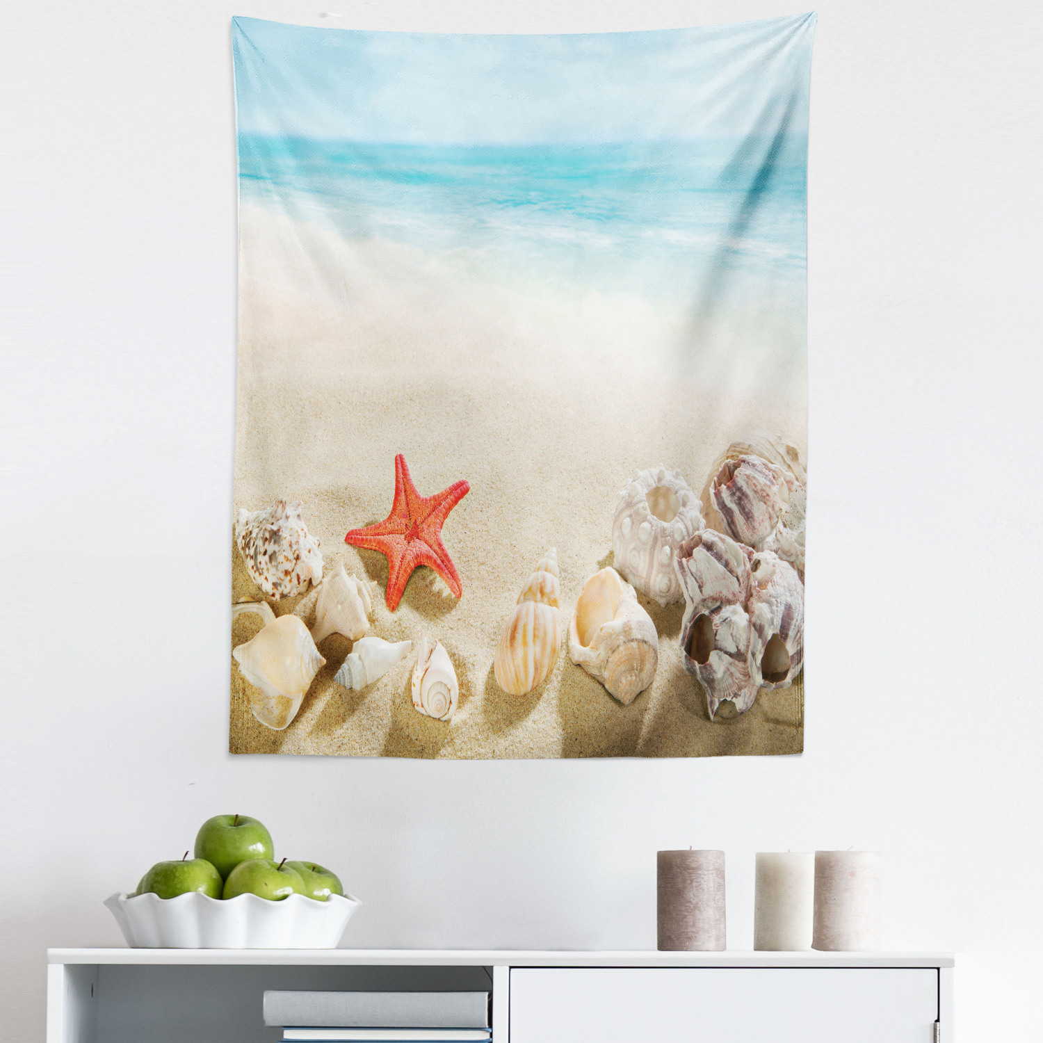 Beach Tapestry, Shells and Coral Toned Starfish on Sands Blurry Oceanic ...