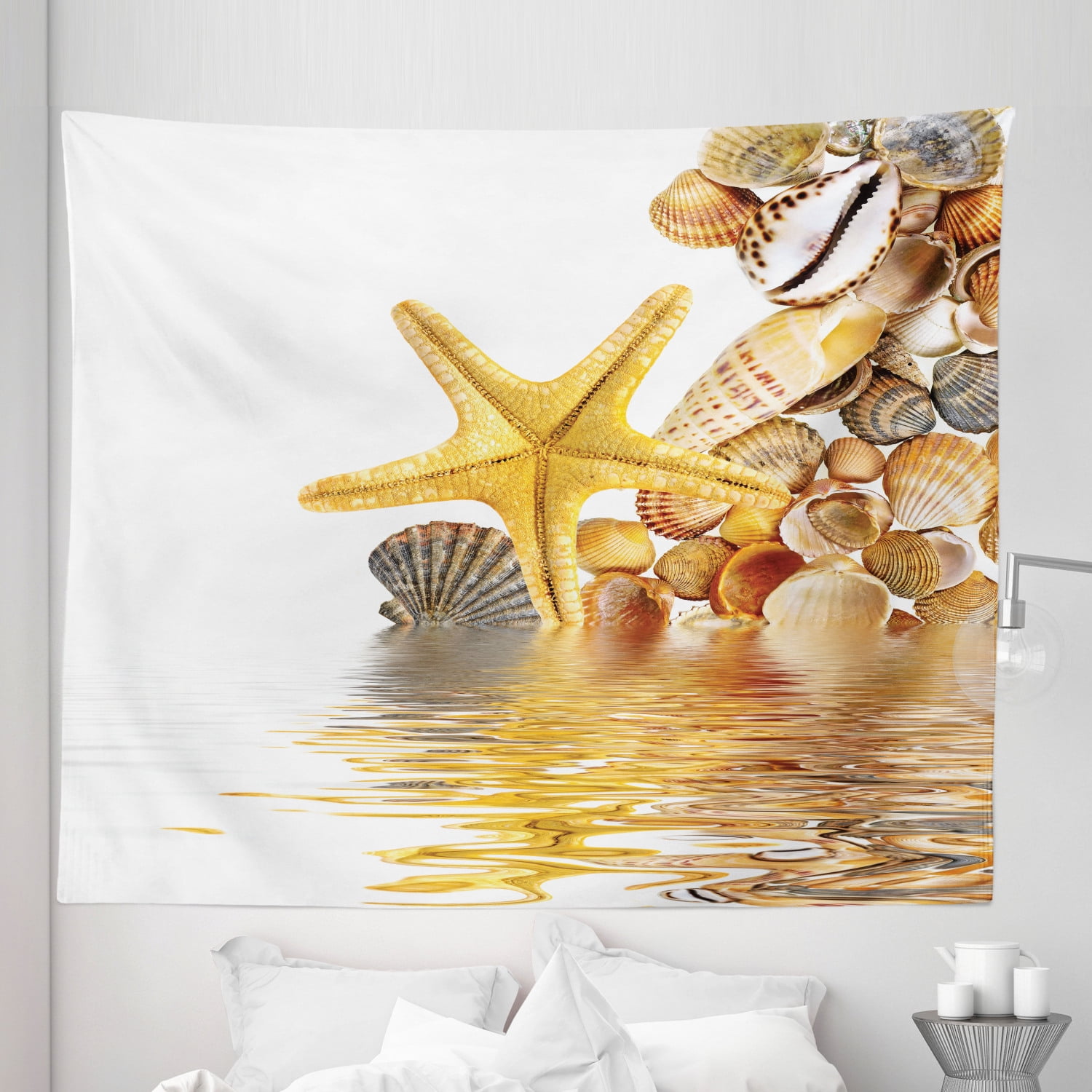 Beach Tapestry, Shells and Starfish Reflection Water Golden Yellow Spa ...