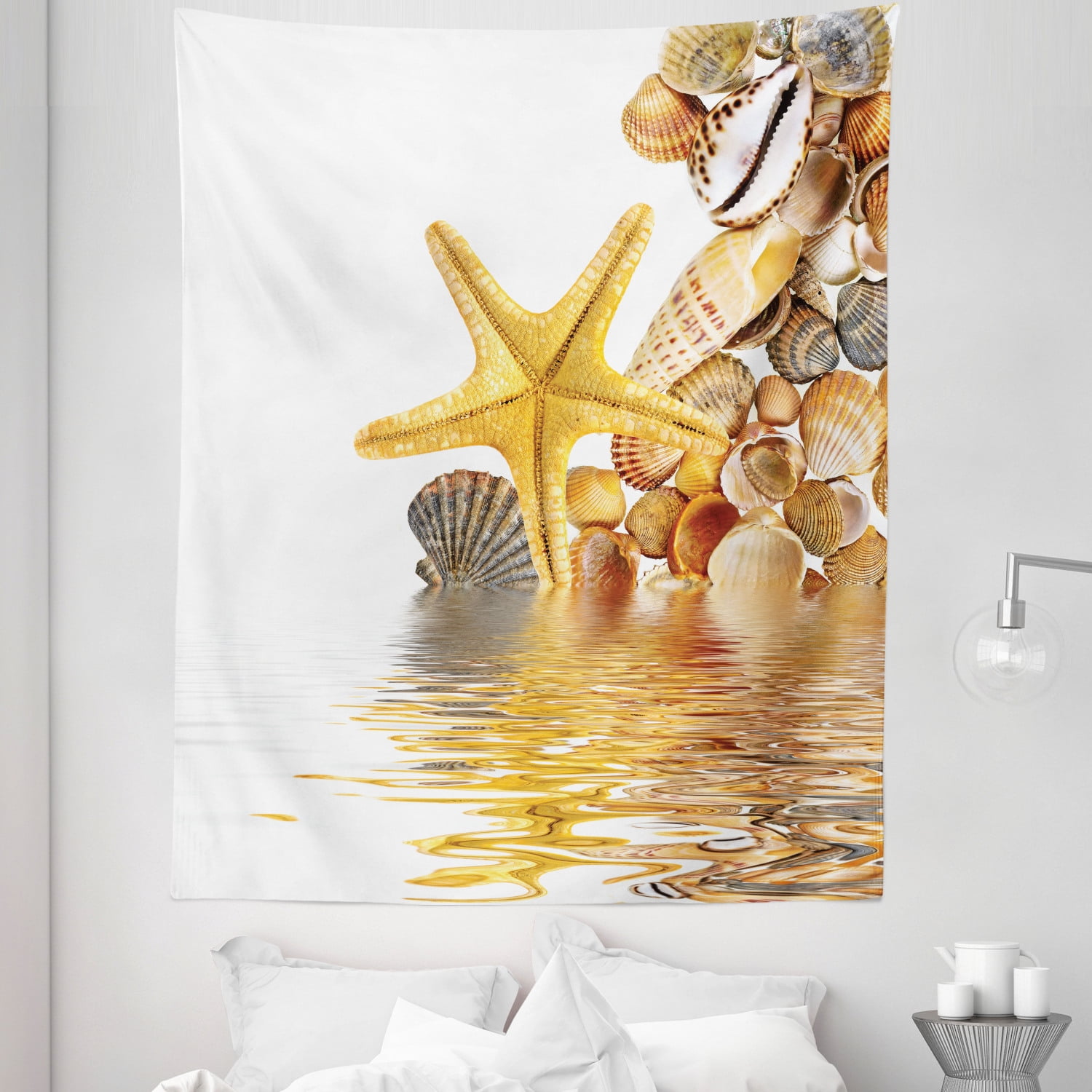 Beach Tapestry, Shells and Starfish Reflection Water Golden Yellow Spa ...