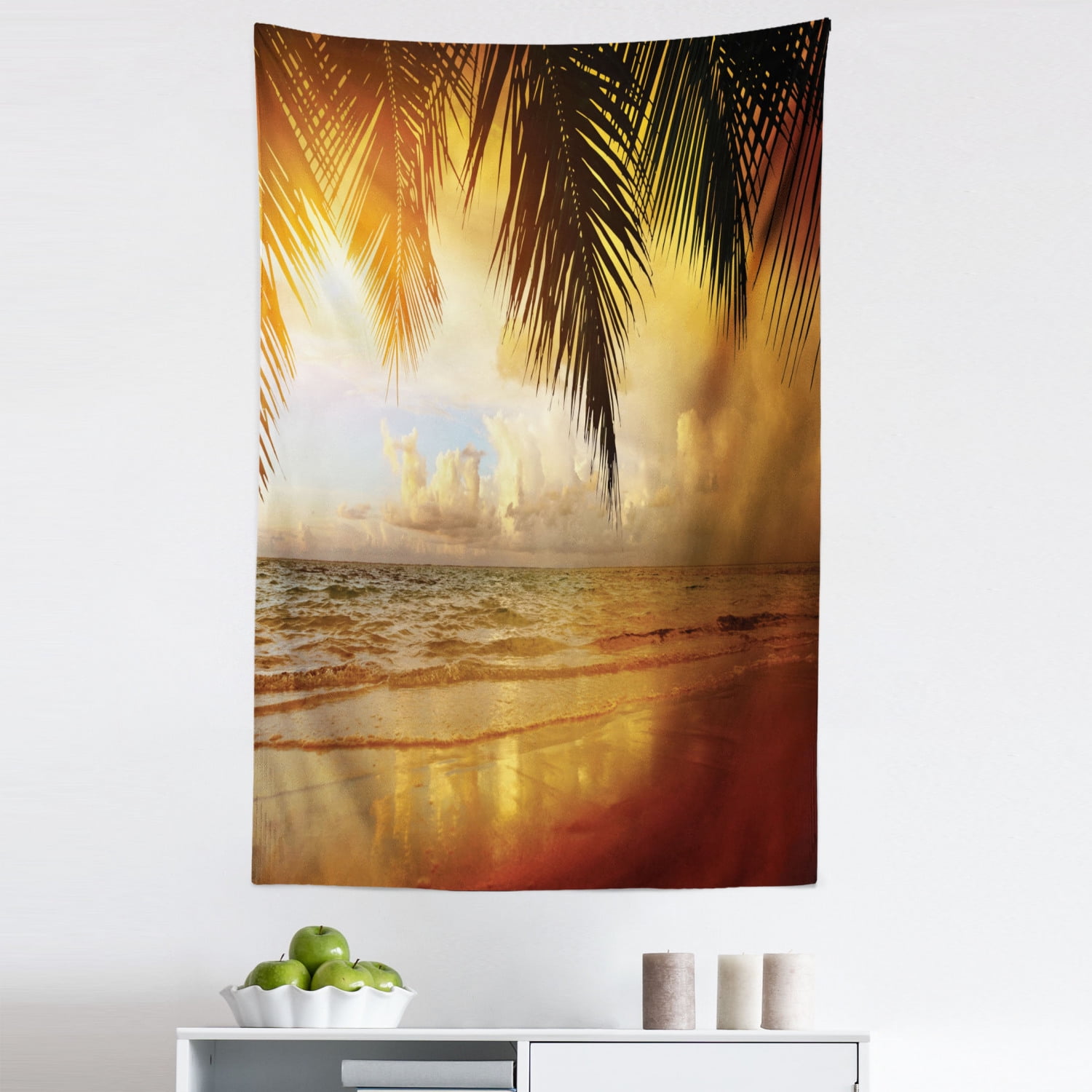 Beach Tapestry, Sunset on the Beach of Caribbean Sea Waves Coast with ...