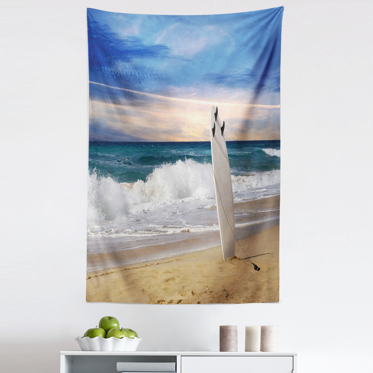 Beach Tapestry, Surfboard on Sands Coastal Scenery Early Morning Ocean ...