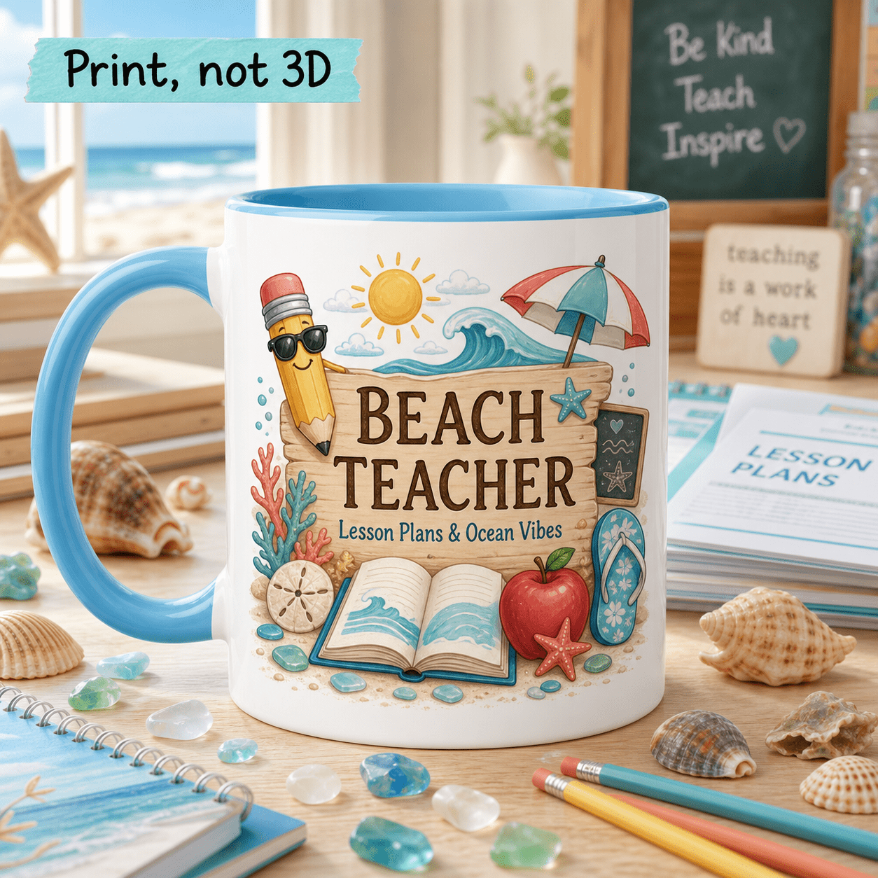 Beach Teacher Mug 3D Effect Print, Ocean Vibes Teacher Beach Gift ...