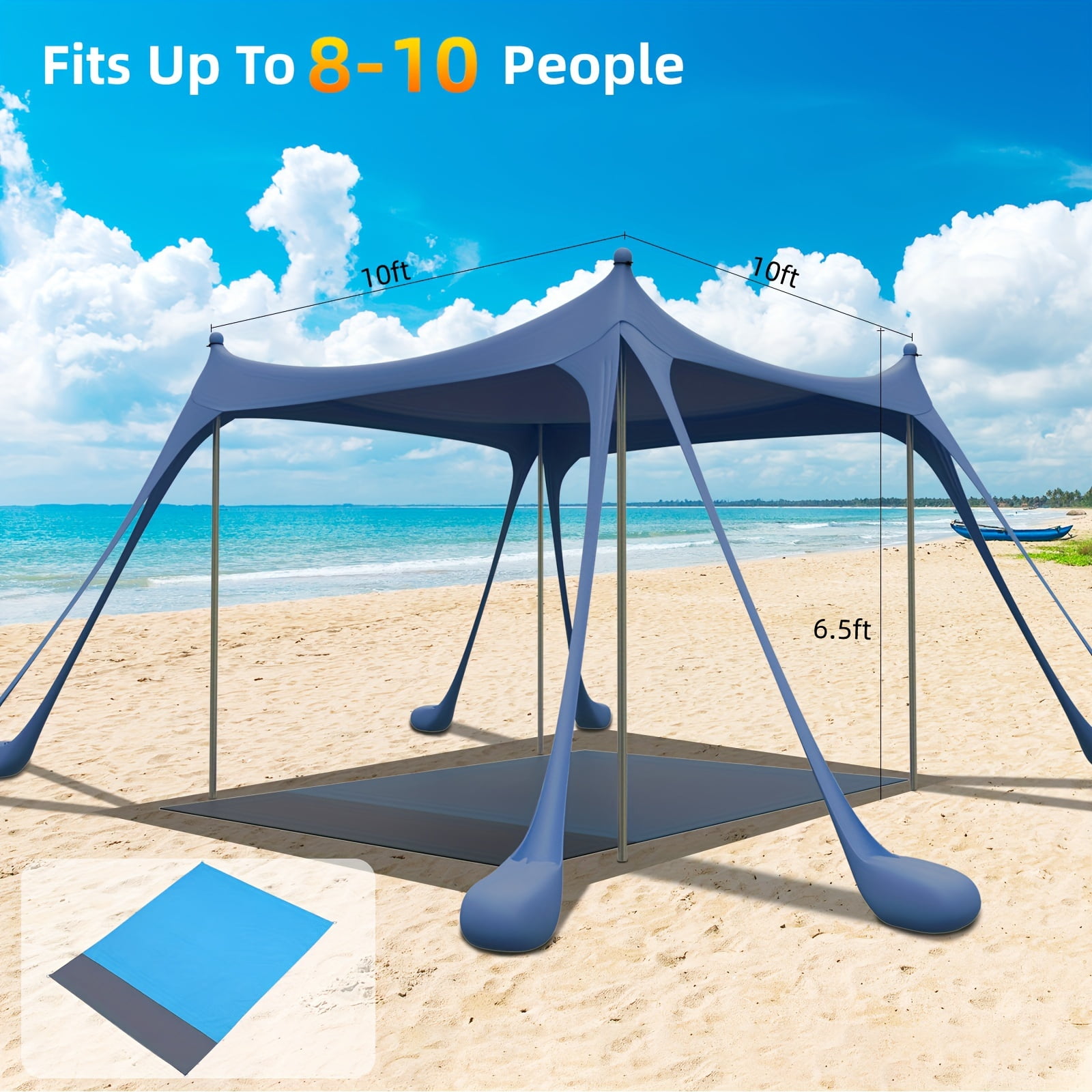 Beach Tent, Camping Sun Shelter With Beach Mat, 2 Sand Shovels, 8 ...