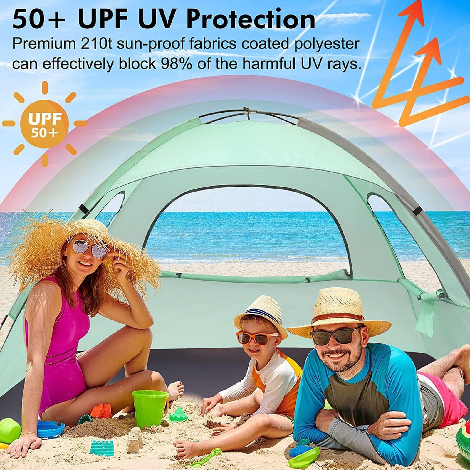 Beach Tent, Pop Up Beach Tent UPF 50+, 3Way Ventilation Reinforced Fiberglass Poles, Portable ...