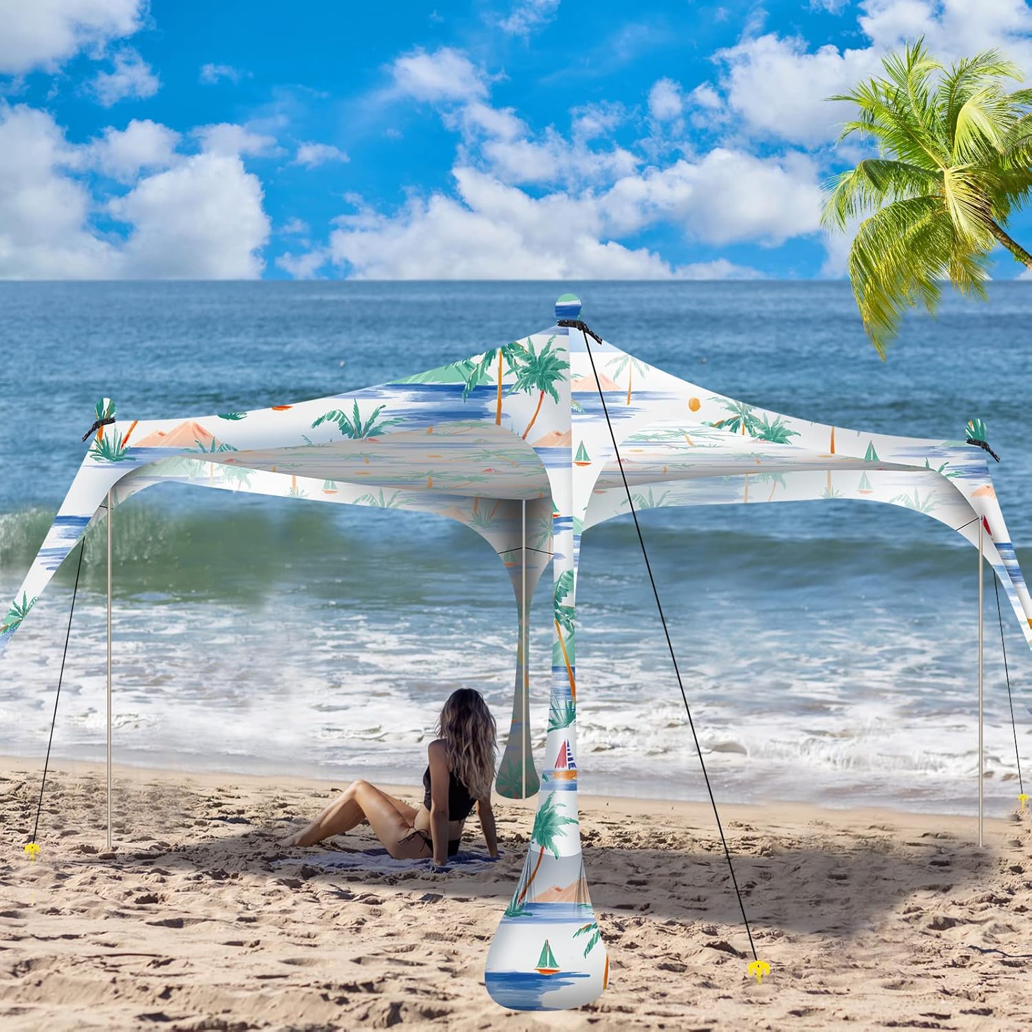 Beach Tent Pop Up Shade 10x10ft Beach Canopy Sun Shelter UPF50+ with 4 Foldable Poles-Portable ...