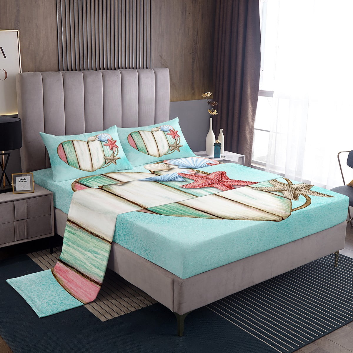 Beach Theme Bed Sheets Set Queen Size, Cute Starfish Shell Sheet Set ...