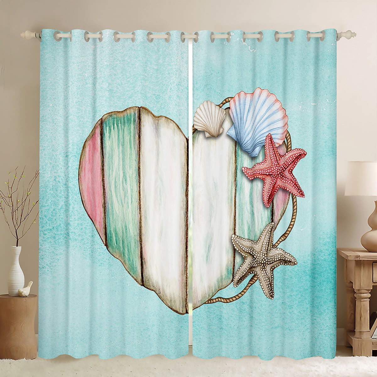 Beach Theme Blackout Curtains, Cute Starfish Shell Curtains for Bedroom ...