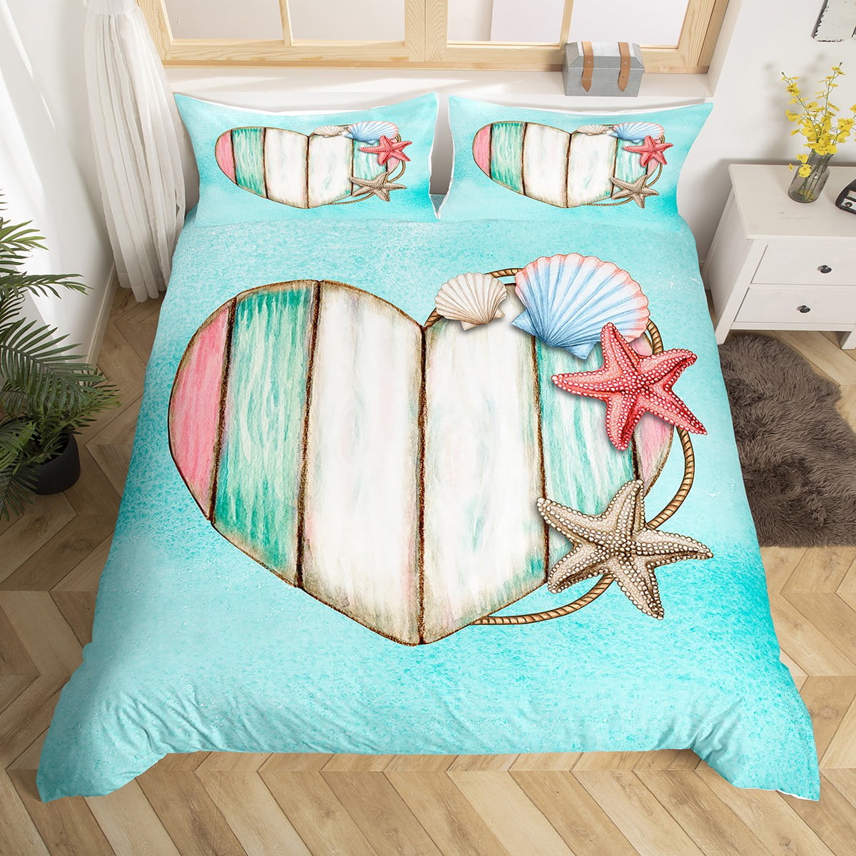 Beach Theme Duvet Cover King Size, Cute Starfish Shell Bedding Set for ...