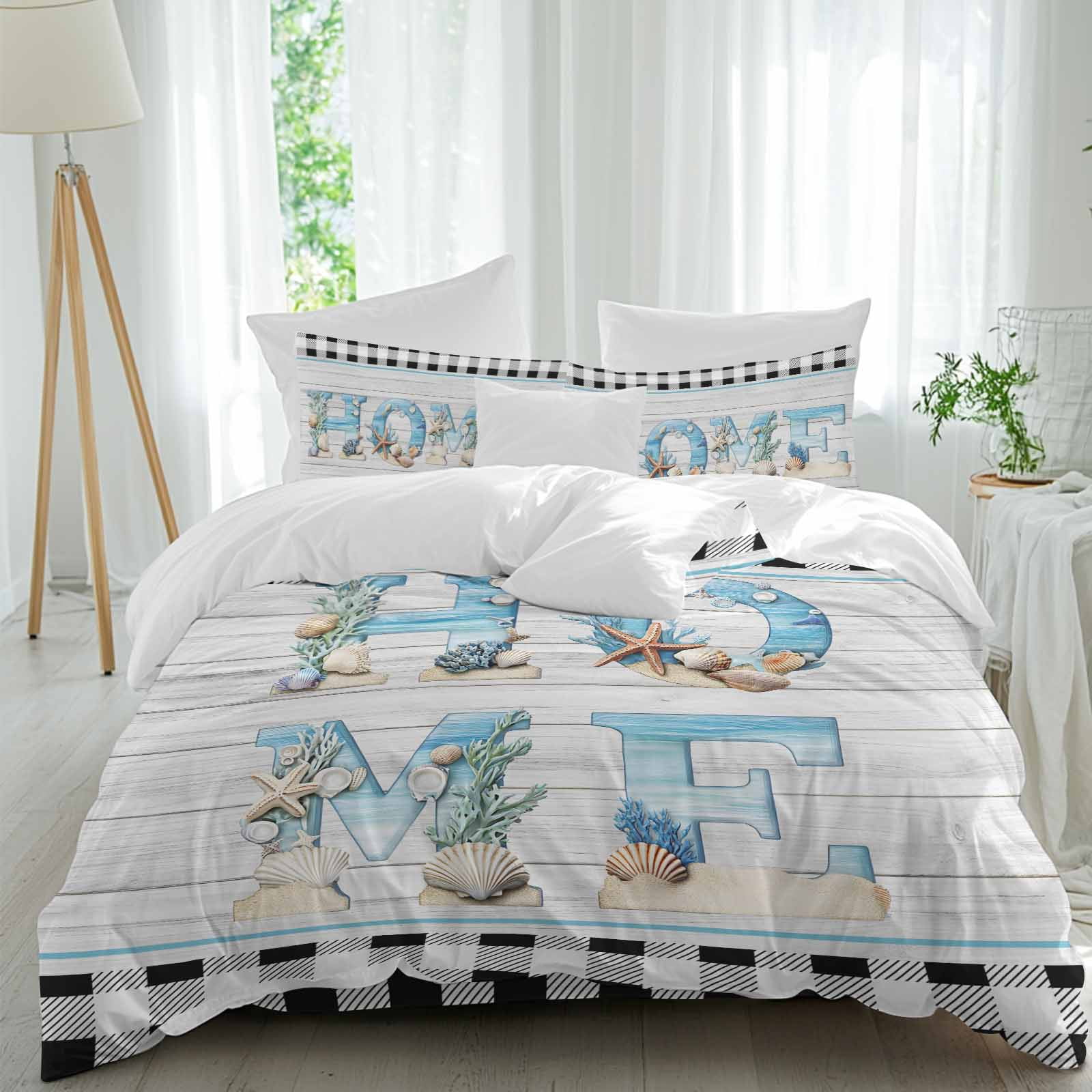 Beach Theme Home Duvet Cover Set King Size, Retro Shell Starfish Wood ...