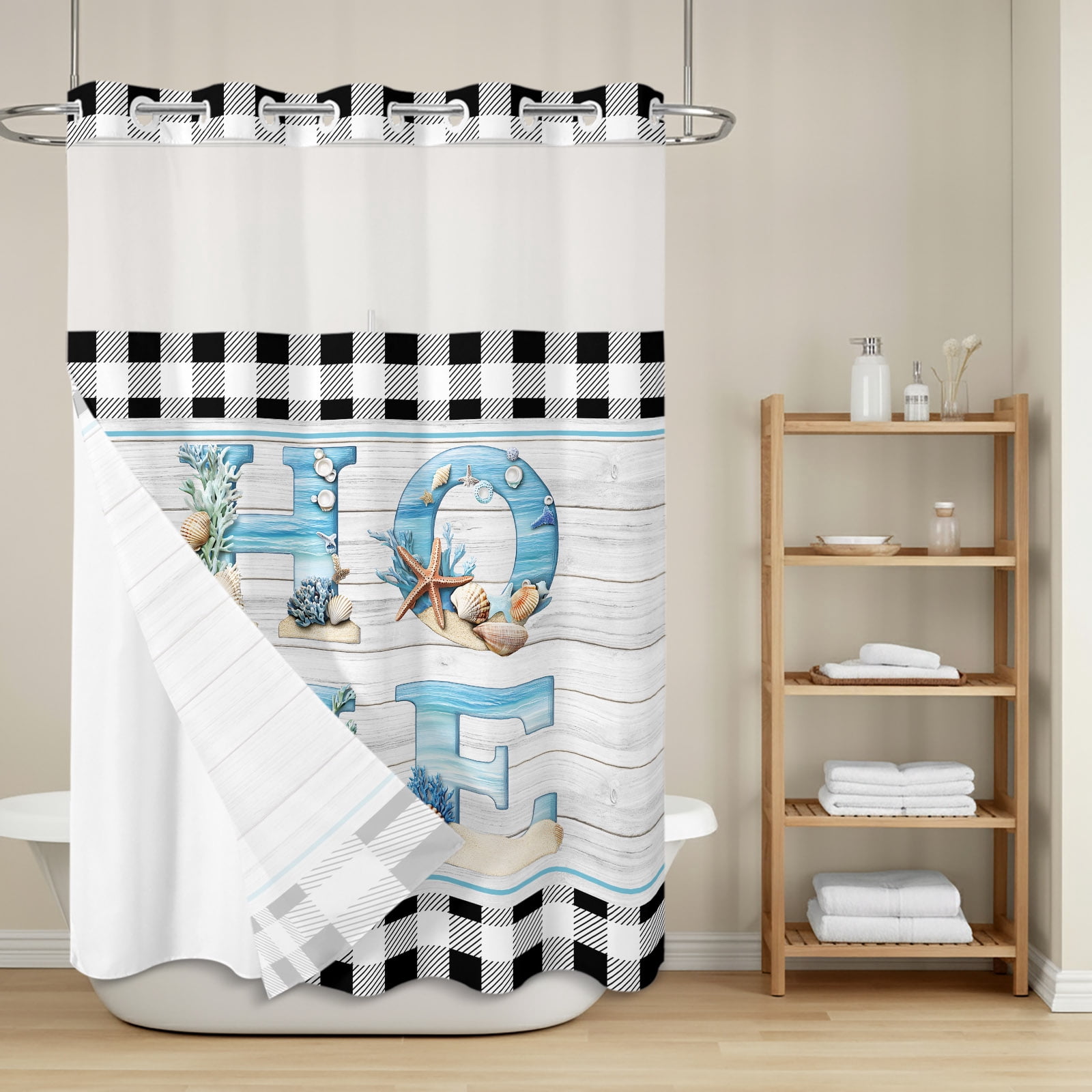 Beach Theme Home No Hook Shower Curtain with Snap in Liner, Retro Shell ...