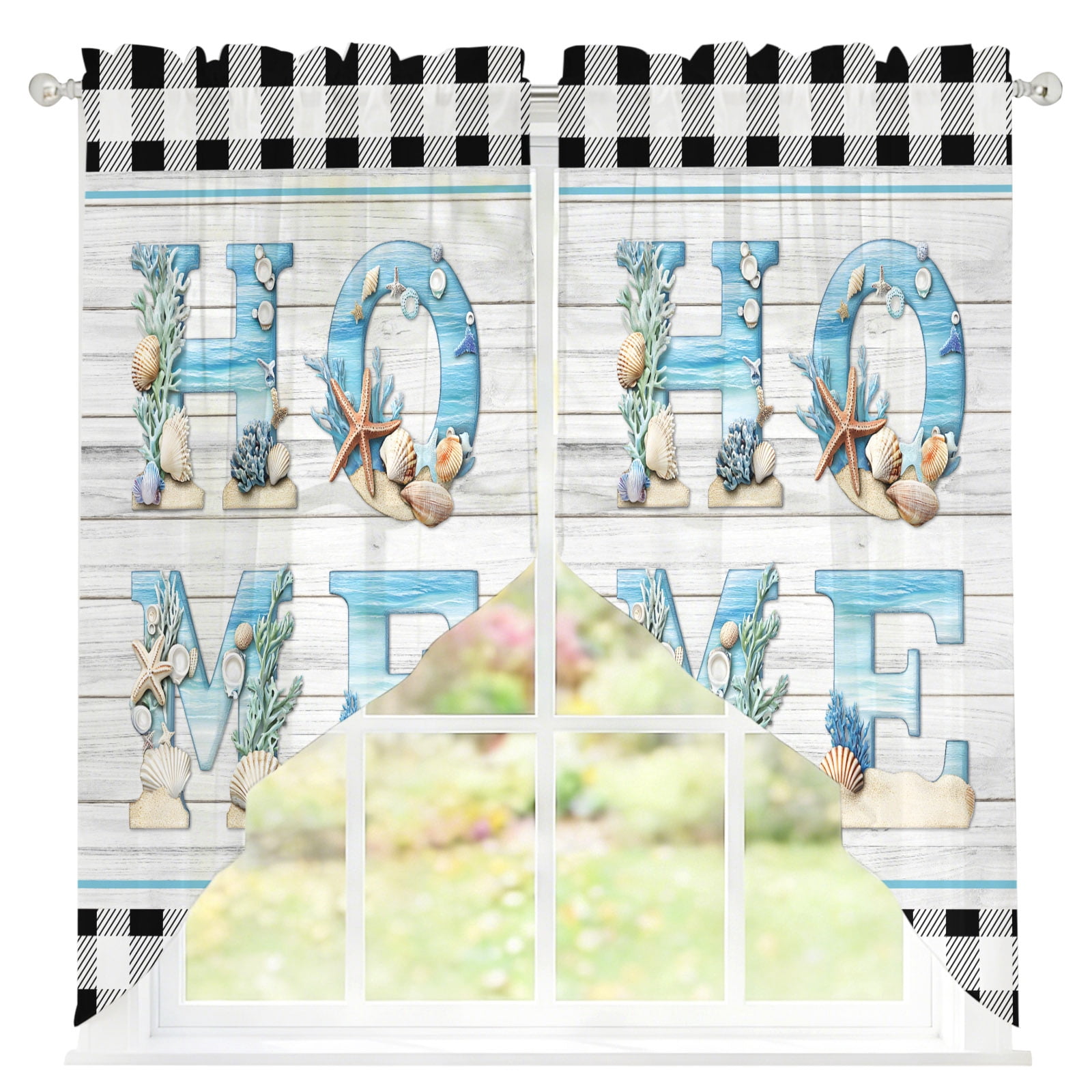 Beach Theme Home Sheer Curtains Swag Valances for Windows Retro Shell ...