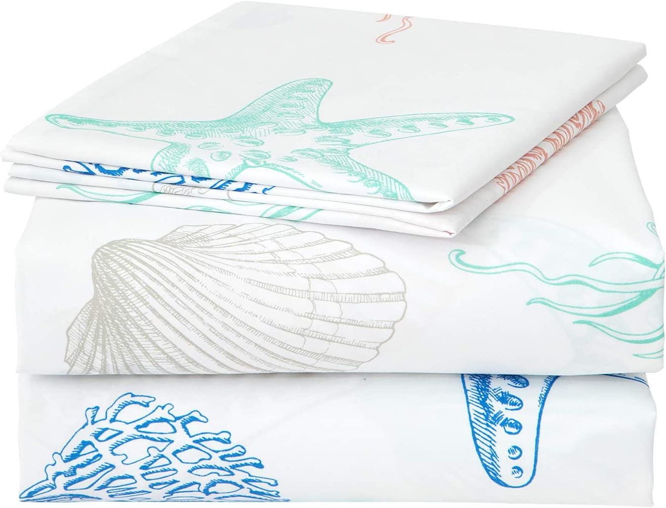 Beach Theme Kids Sheet Set Twin, 3 Piece Starfish Jellyfish Coastal ...