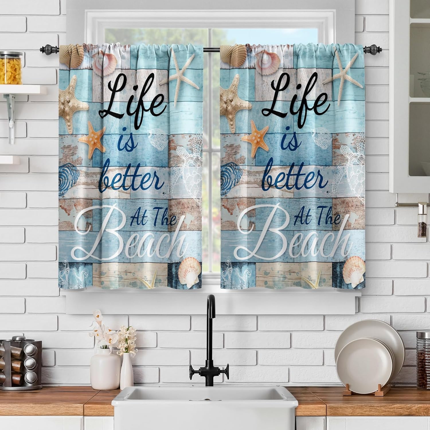Beach Theme Kitchen Curtains: Summer Ocean Sea Shells Fish Fishing ...