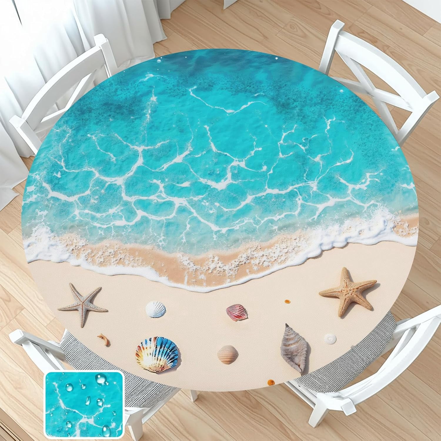 Beach Theme Round Fitted Tablecloth with Elastic Edge Summer Ocean ...