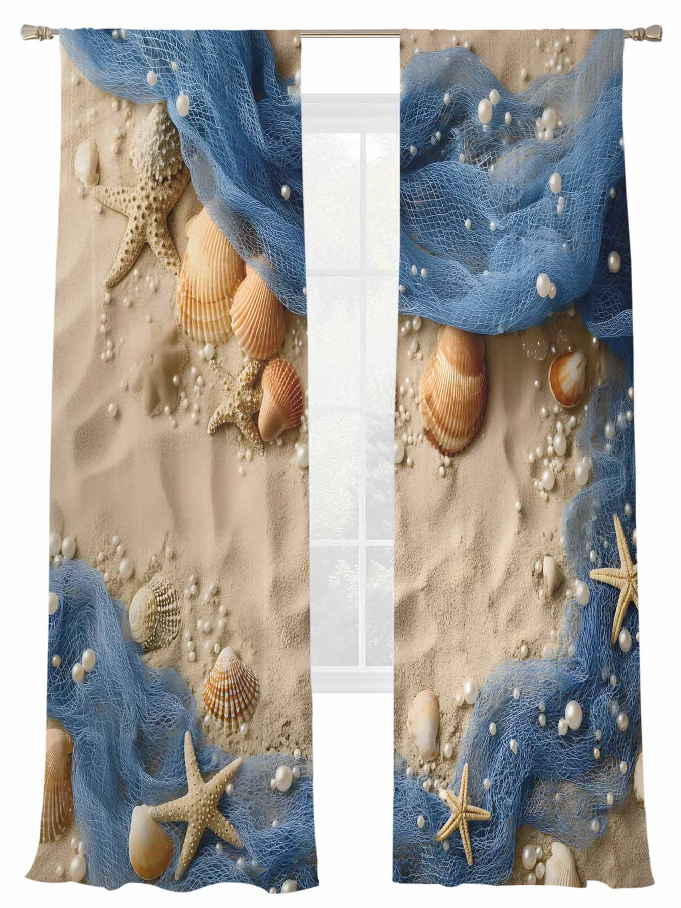 Beach Theme Window Sheer Curtain Summer Seaside Sand Starfish Pearls ...