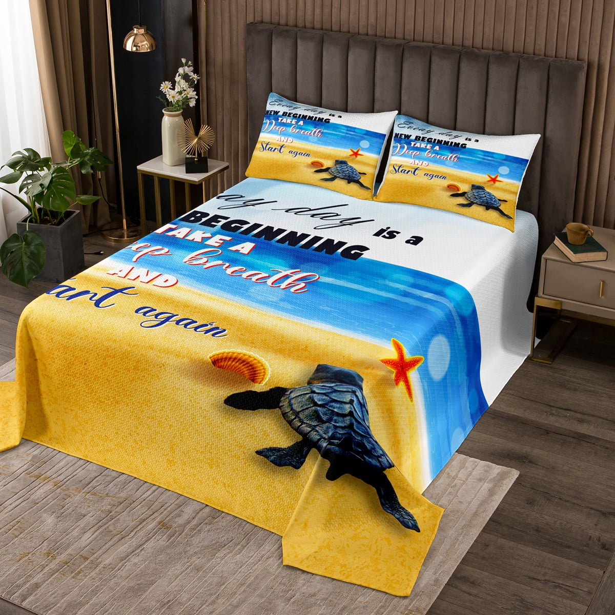 Beach Themed Coverlet Sets Queen, Sea Turtle Tortoise Quilt Set Sea Shell Starfish Ocean Animal ...