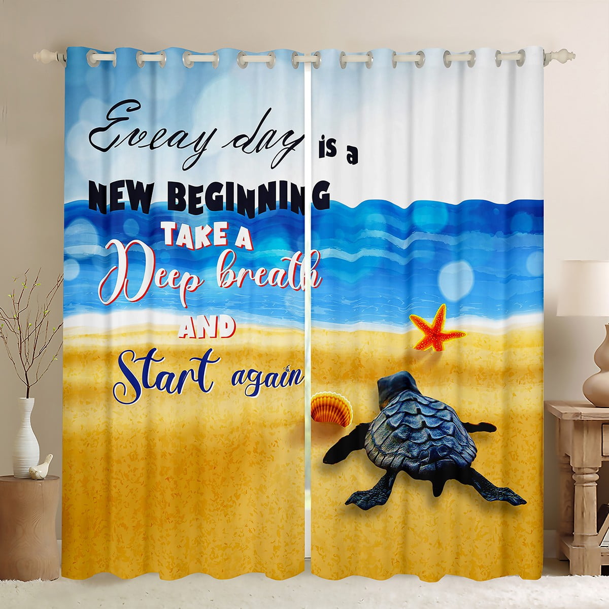 Beach Themed Curtains 38"Wx45"L, Sea Turtle Tortoise Blackout Curtains ...