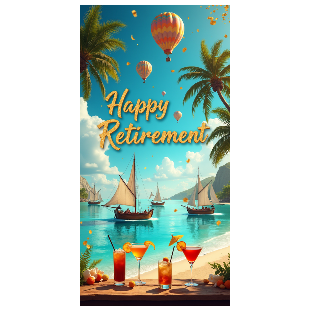 Beach Themed Happy Retirement Banner with Sailing Boats Balloons and ...