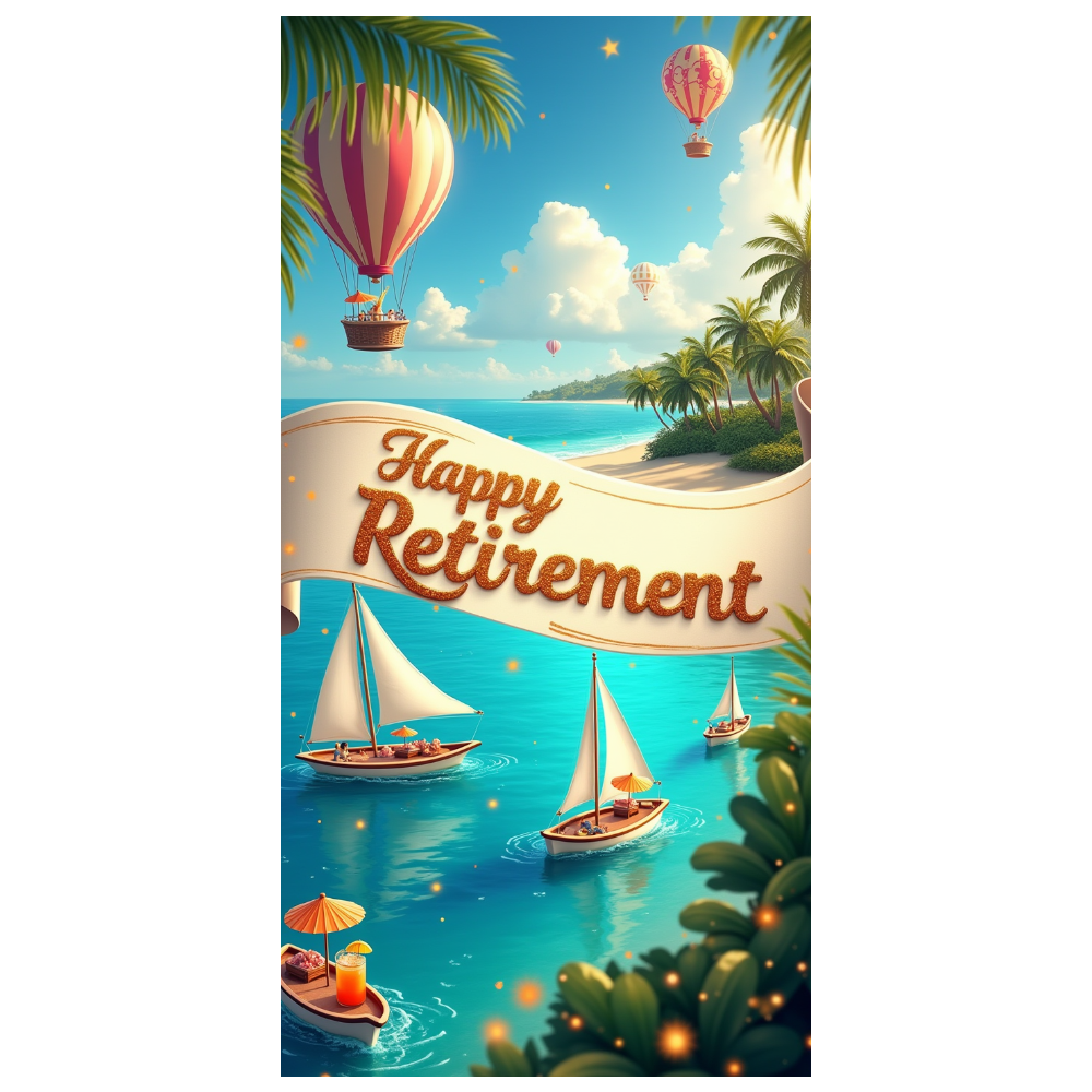 Beach Themed Happy Retirement Banner with Sailing Boats Balloons and ...
