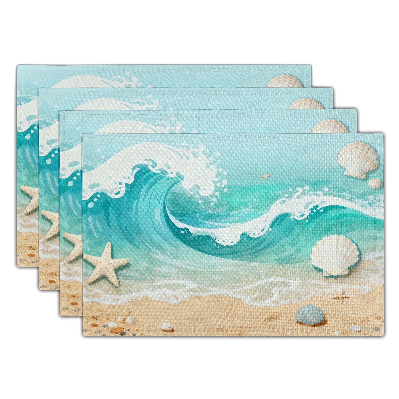 Beach-Themed Linen Placemats Set of 4 Waves and Shells Pattern Heat ...