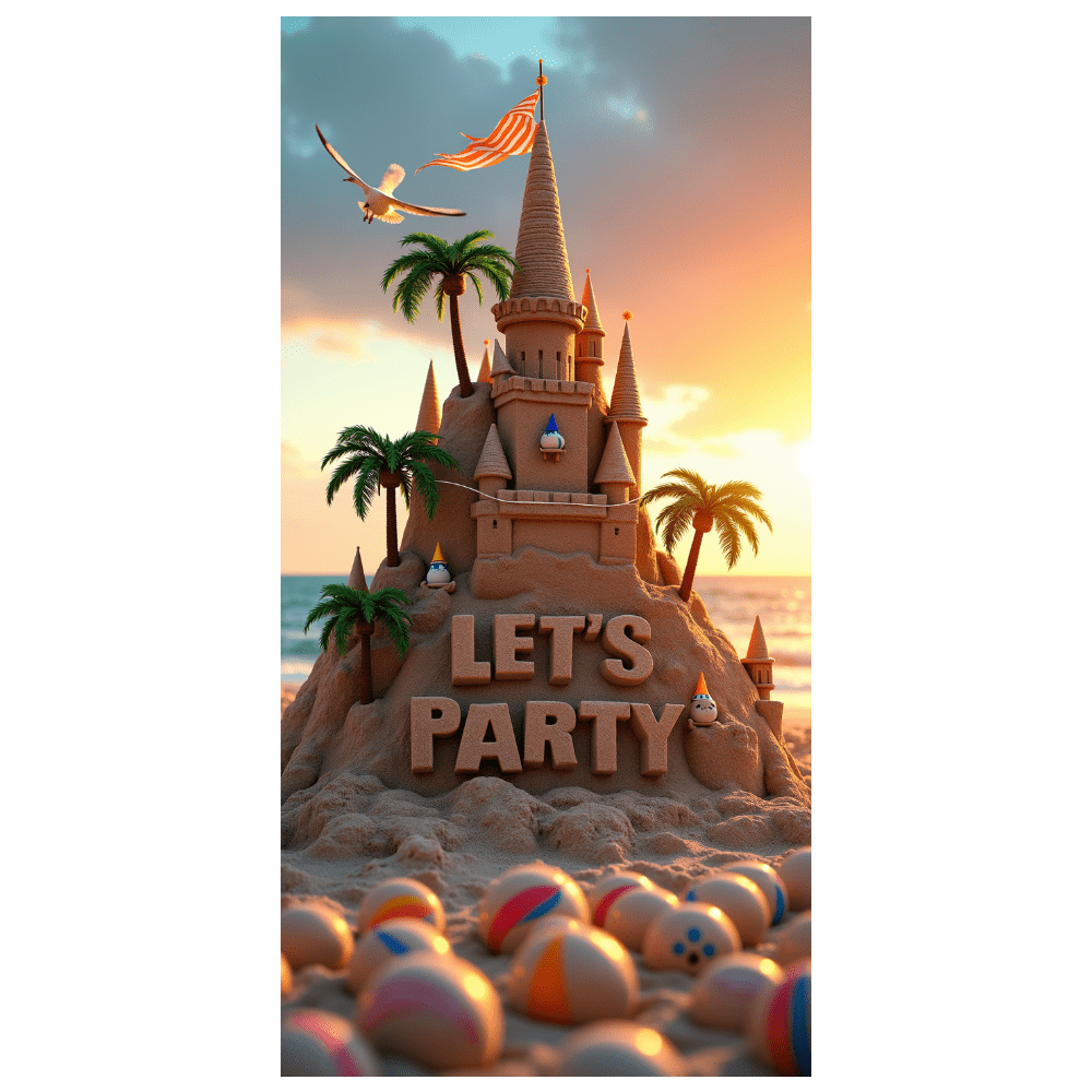 Beach Themed Party Backdrop Banner with Sandcastle Volleyball Scene ...