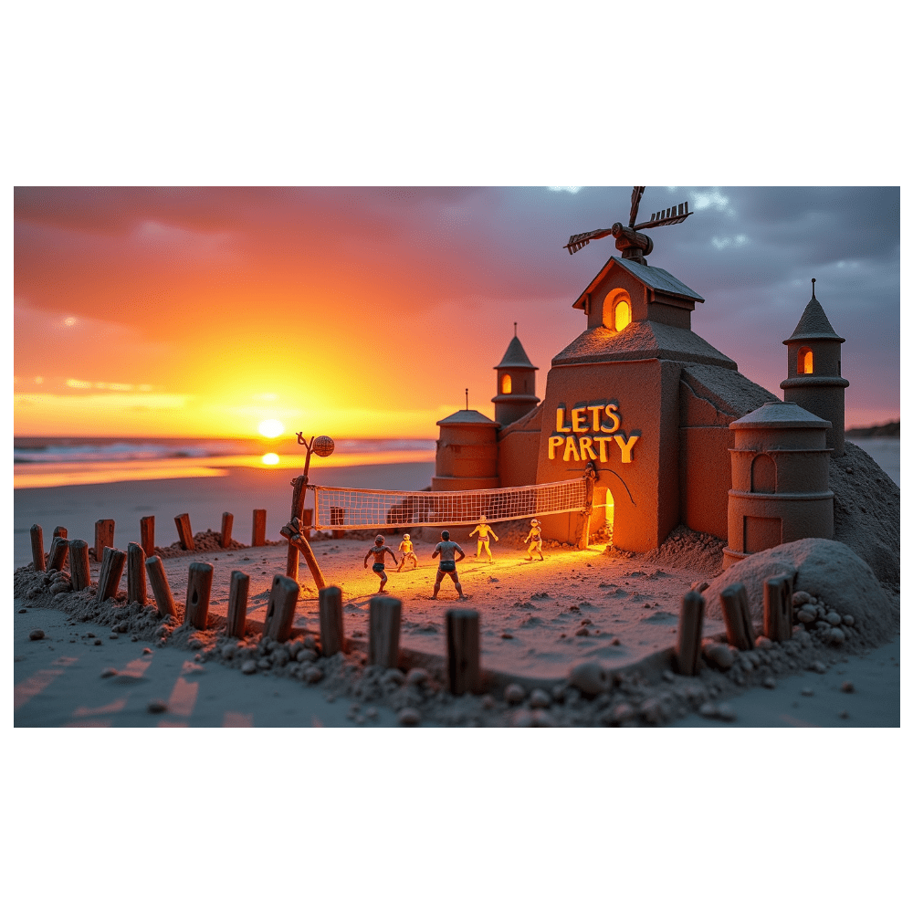 Beach Themed Party Backdrop Banner with Sandcastle Volleyball Scene ...