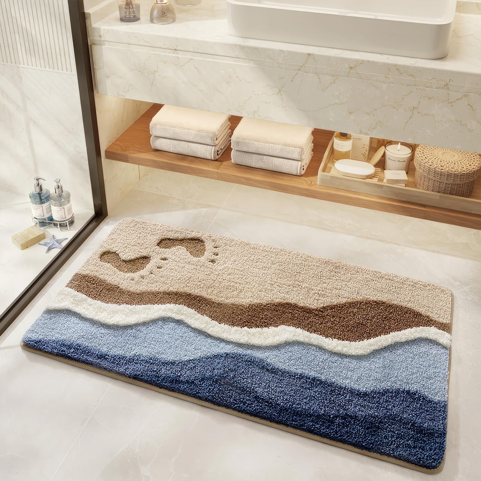 Beach-Themed Plush Bath Mat 20"x31" – Wave Sand Footprint Design, Super ...