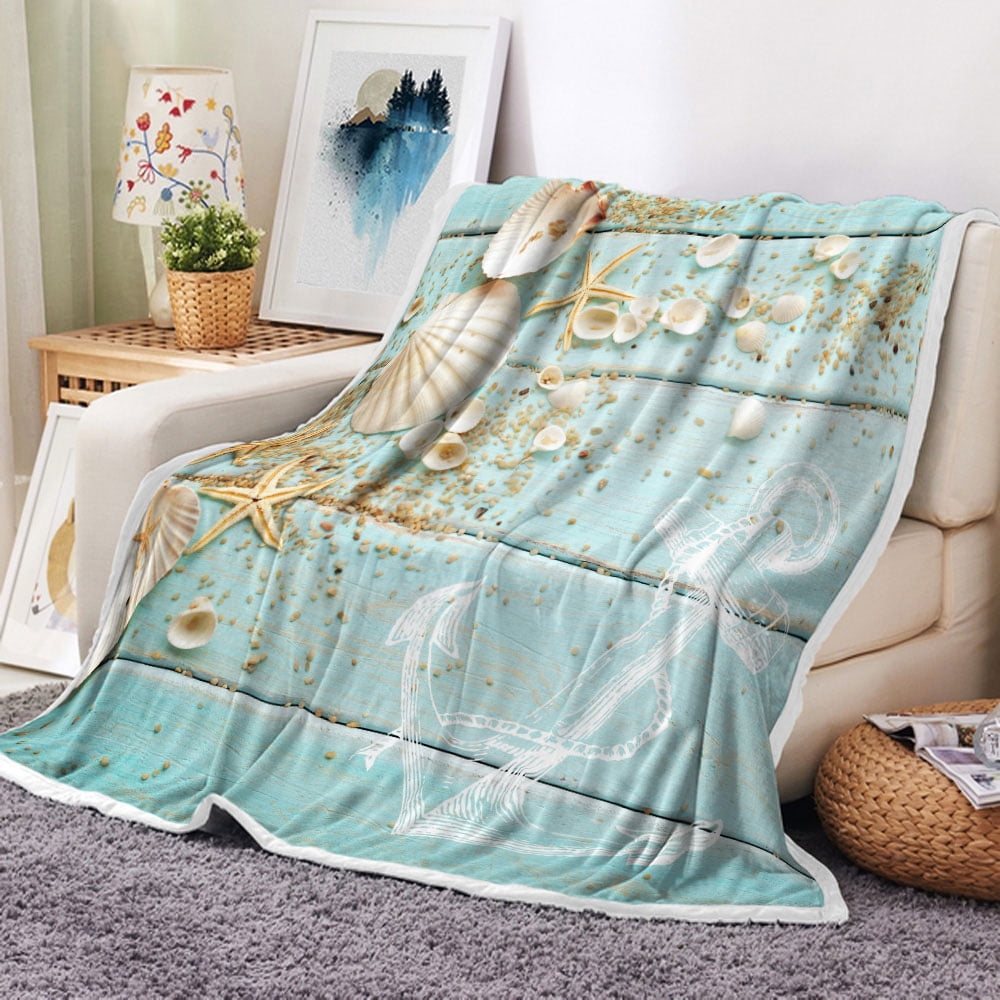 Beach Throw Blanket, Sea Shells Starfish on Teal Wooden Board Beach ...