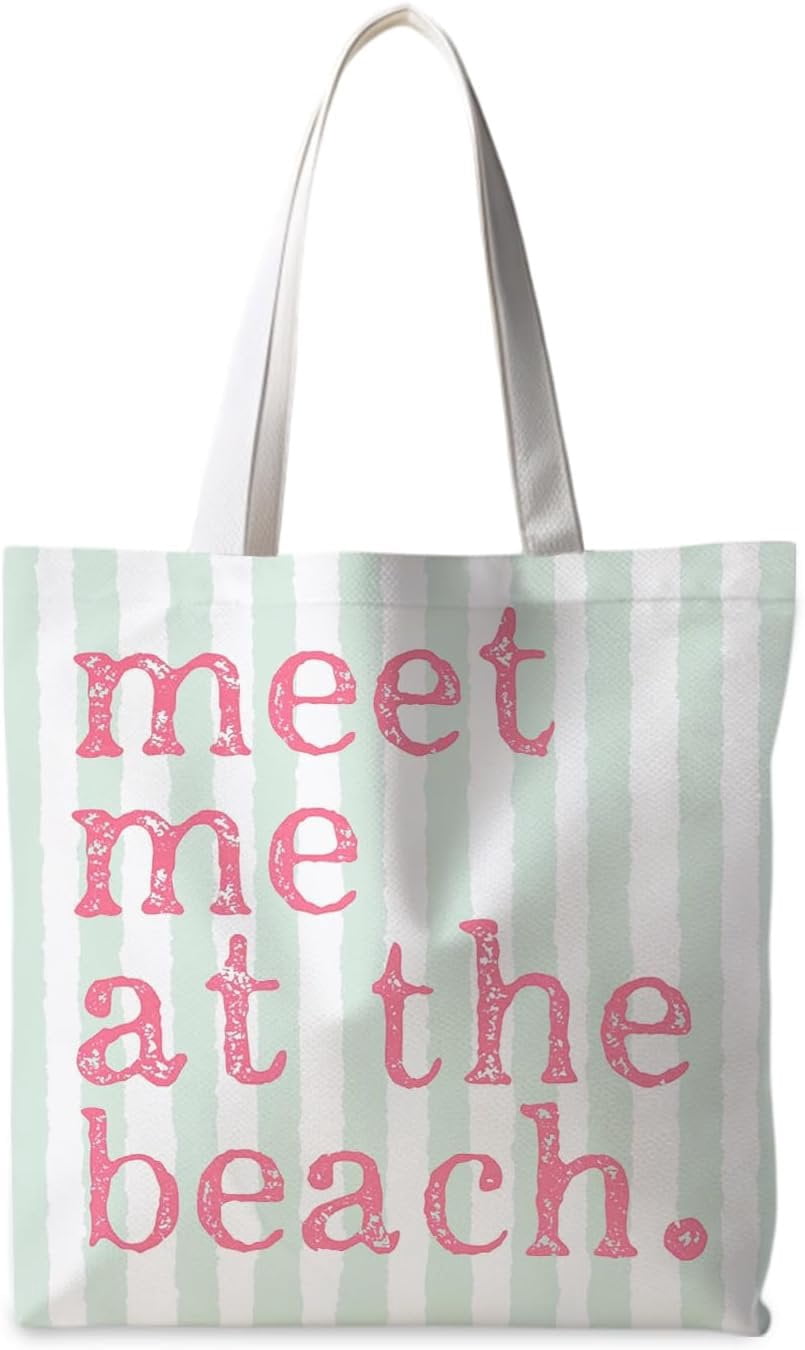 Beach Tote Bag, Summer Canvas Striped Tote Bags for Women, Meet Me At ...