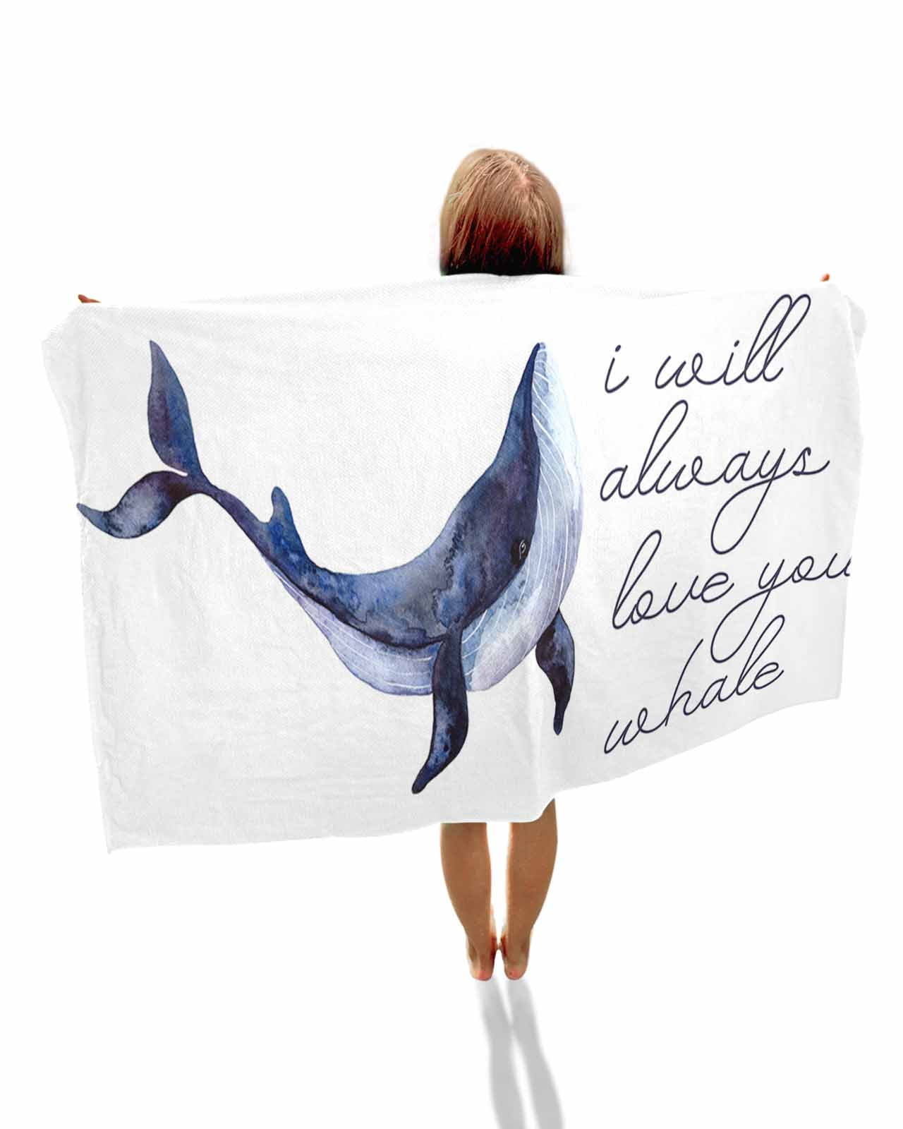Beach Towel 23x47 In Summer Hand Drawn Watercolor Cartoon Blue Whale ...