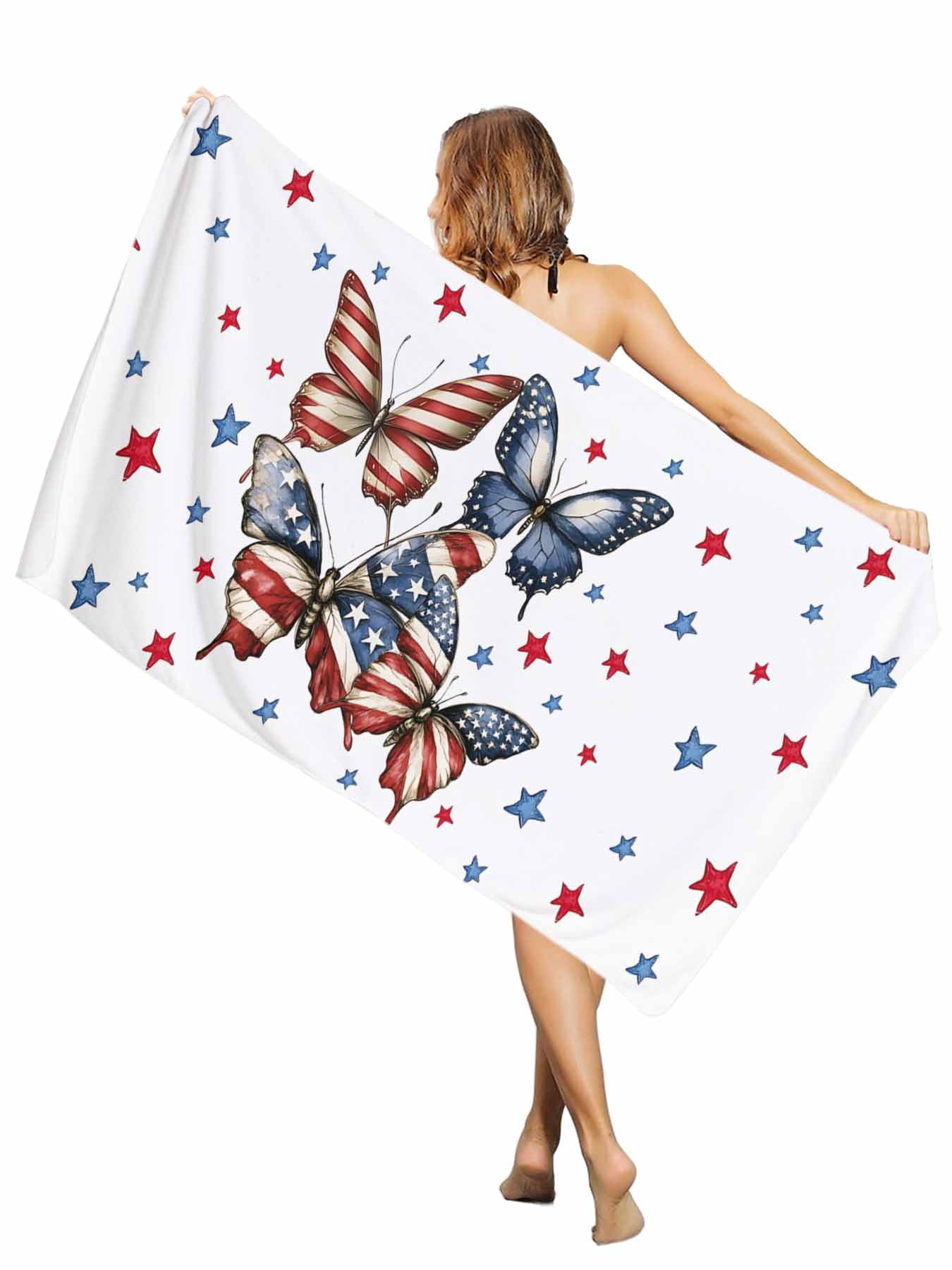 Beach Towel-Blue Red Stars Butterfly Microfiber Absorbent Quick Dry ...