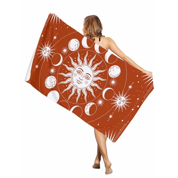 Beach Towel Celestial Sun and Moon Bath Pool Towels Burnt Orange Starry ...