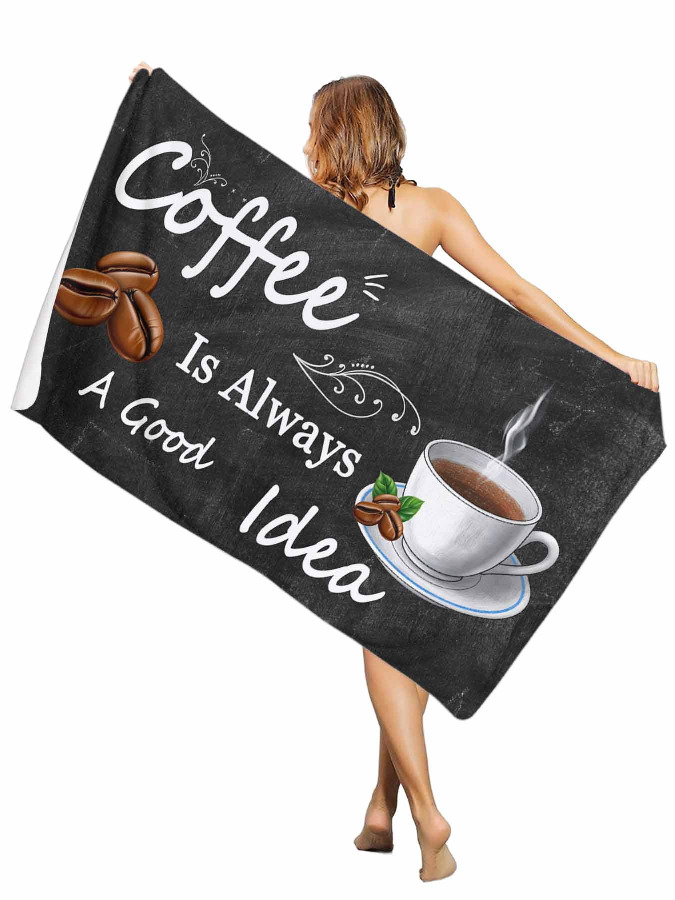Beach Towel- Coffee Bean Cup Cafe Drink on Black Microfiber Absorbent ...
