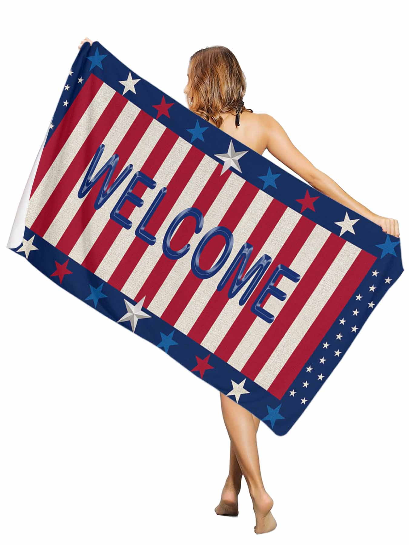 Beach Towel-Independence Day Stars Red Stripes Welcome Quote Absorbent ...