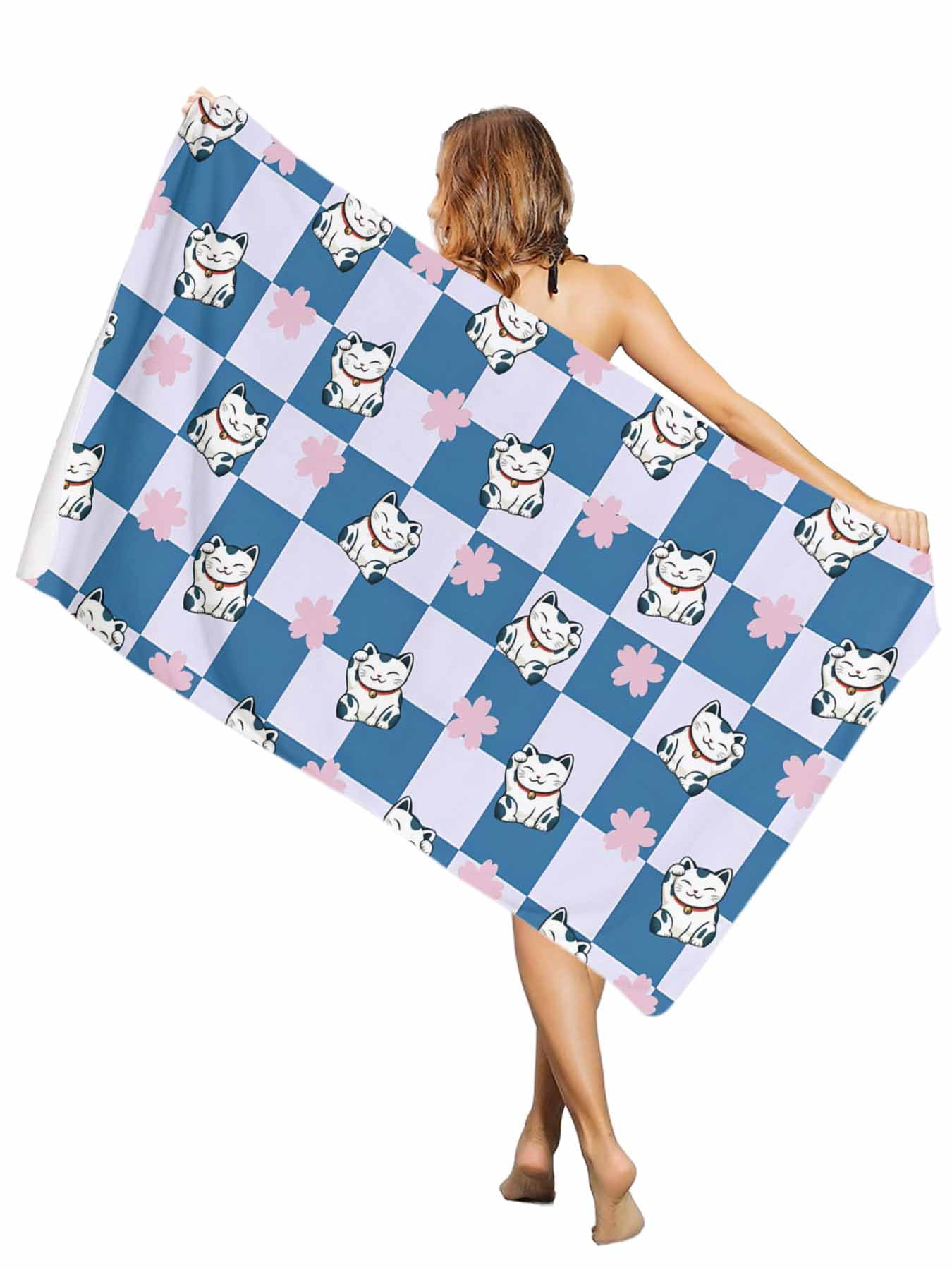 Beach Towel Lucky Cat Bath Pool Towels Cherry Blossoms Blue Check ...