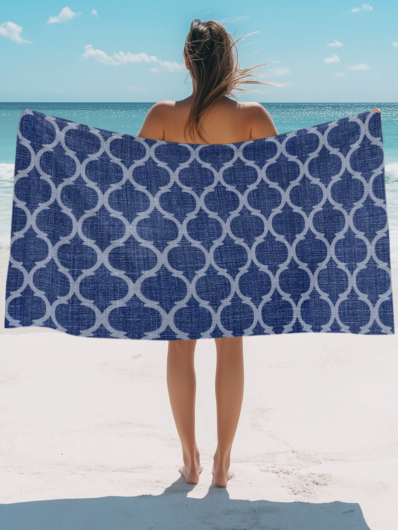 Beach Towel-Moroccan Blue Geometric Pattern Microfiber Absorbent Quick ...