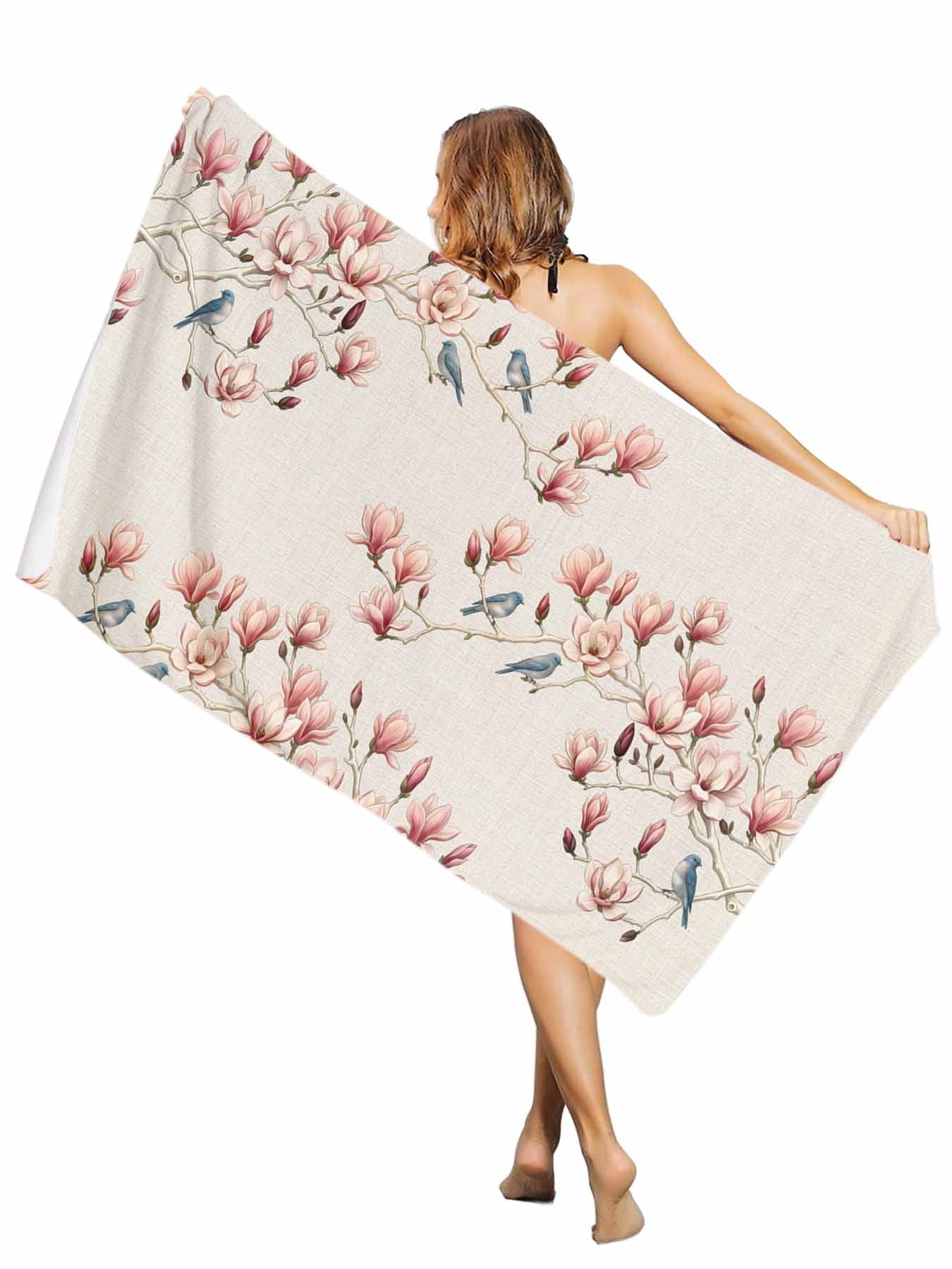 Beach Towel-Pink Floral Sky Blue Birds on Linen Microfiber Absorbent ...