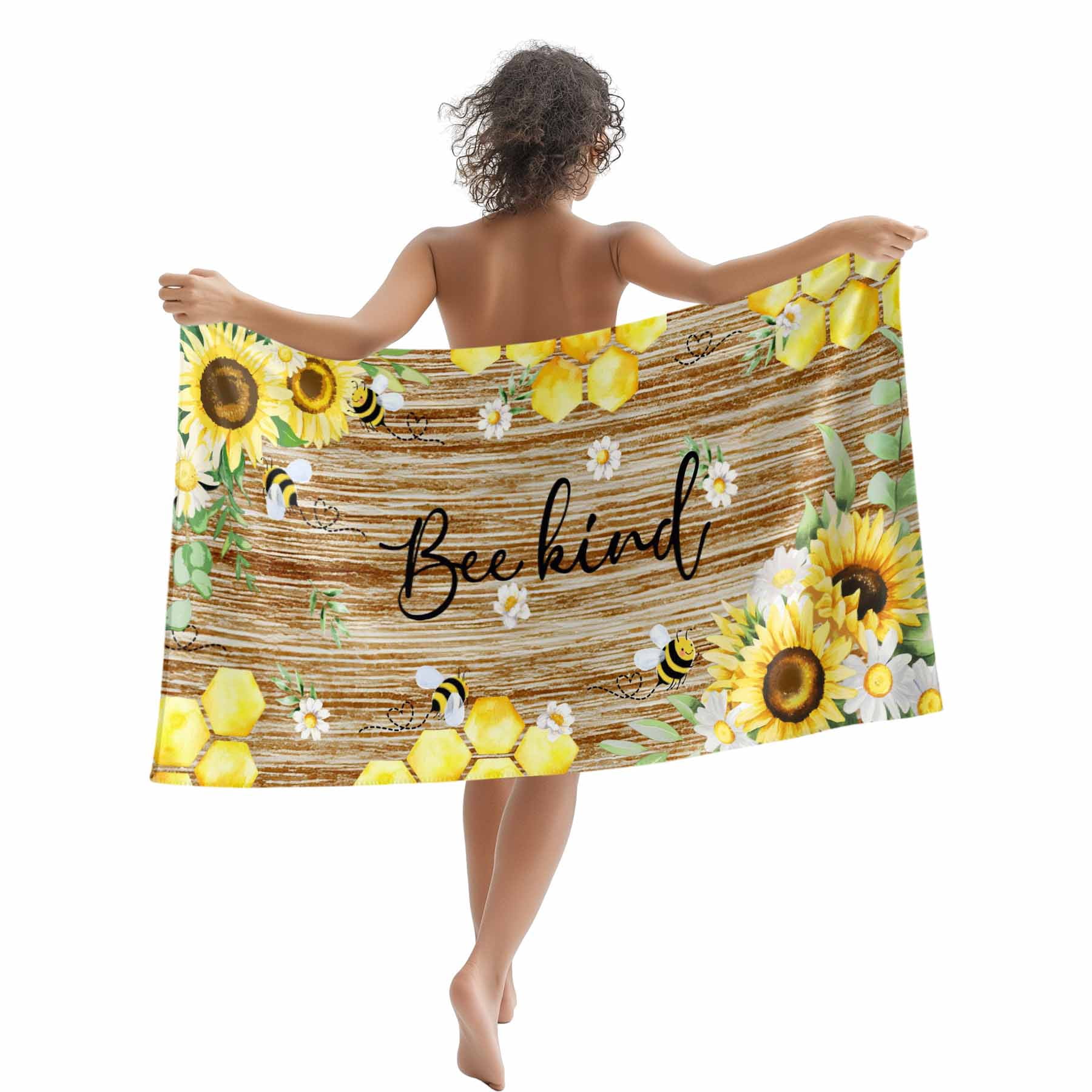 Beach Towel Sunflower Bee Kind Bath Pool Towels Watercolor Floral Green ...