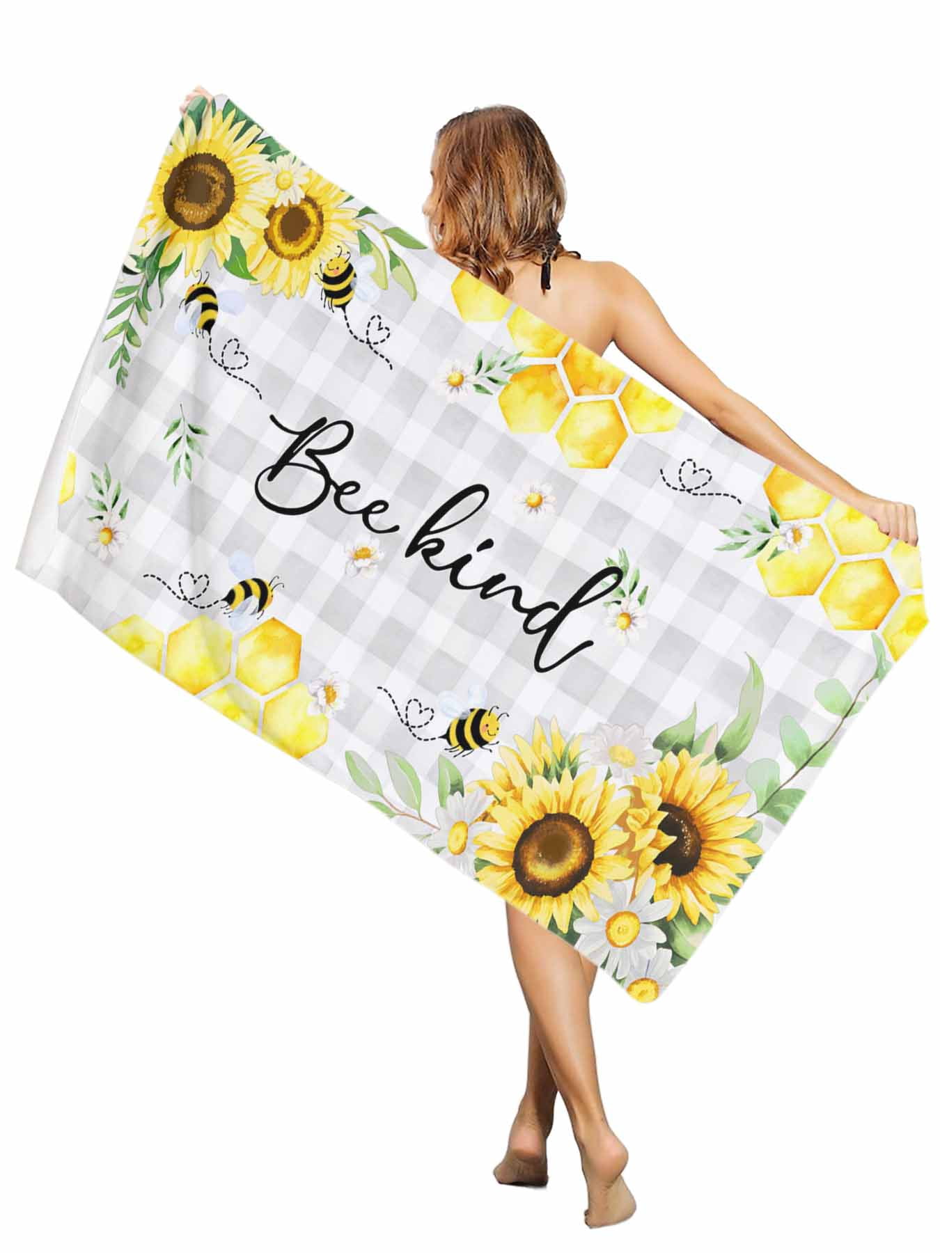 Beach Towel Sunflower Bee Kind Bath Pool Towels Watercolor Floral Green ...
