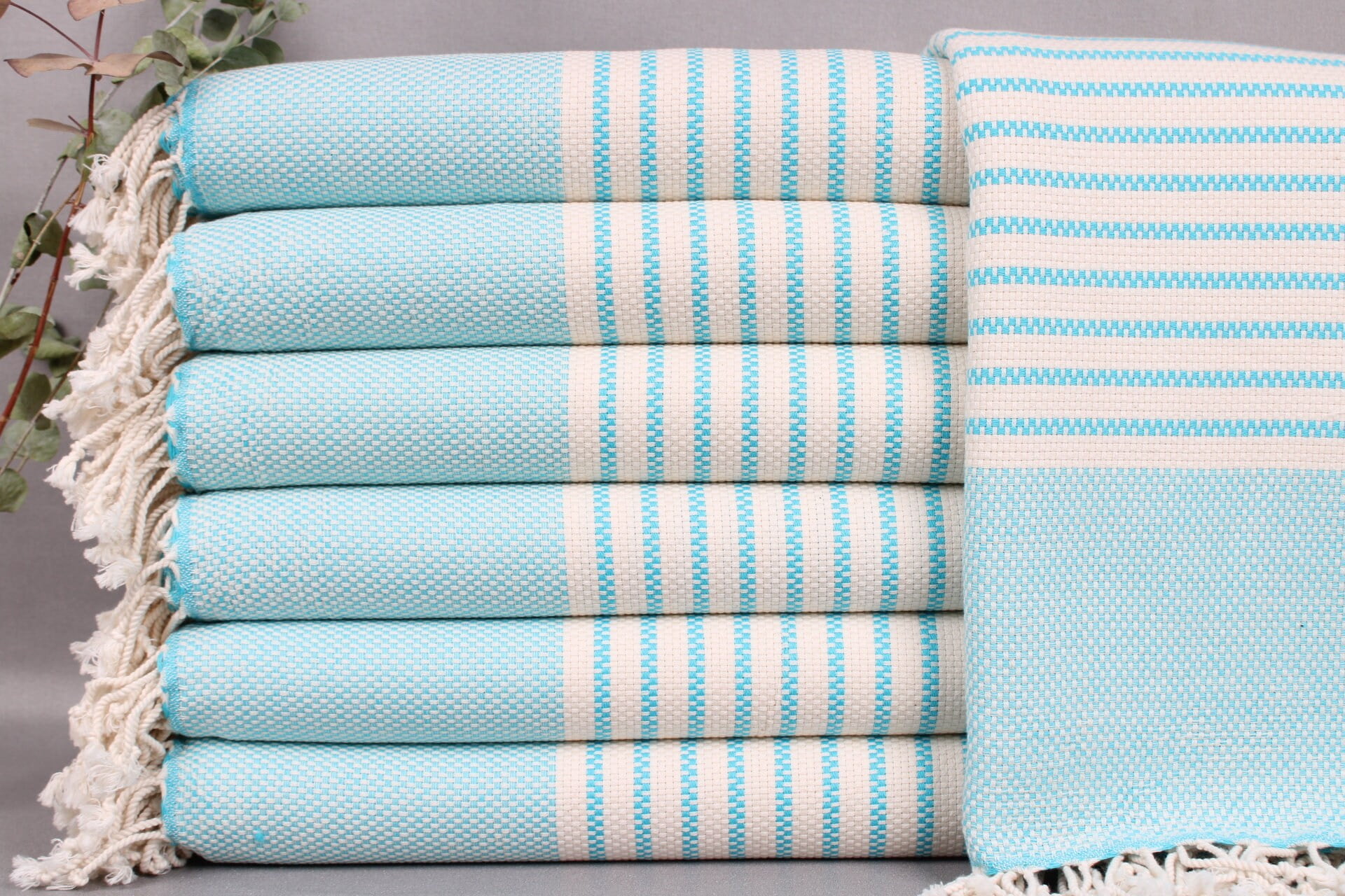 Beach Towel, Turkish Towel, Turquoise-Natural Peshtemal, Striped ...