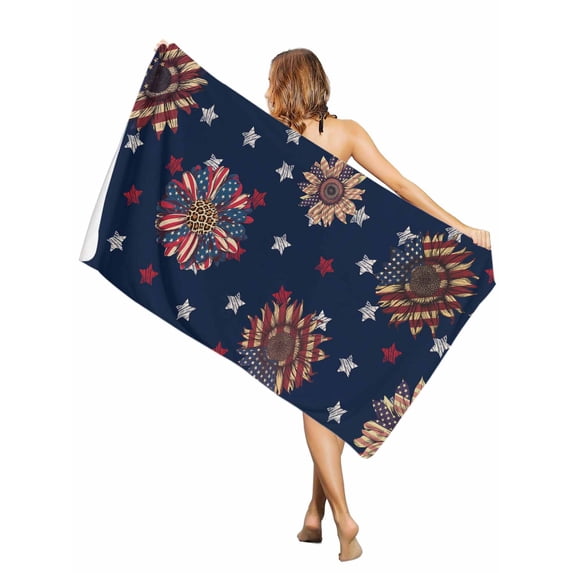 Beach Towel-Vintage American Flag Sunflower Star on Blue Microfiber ...