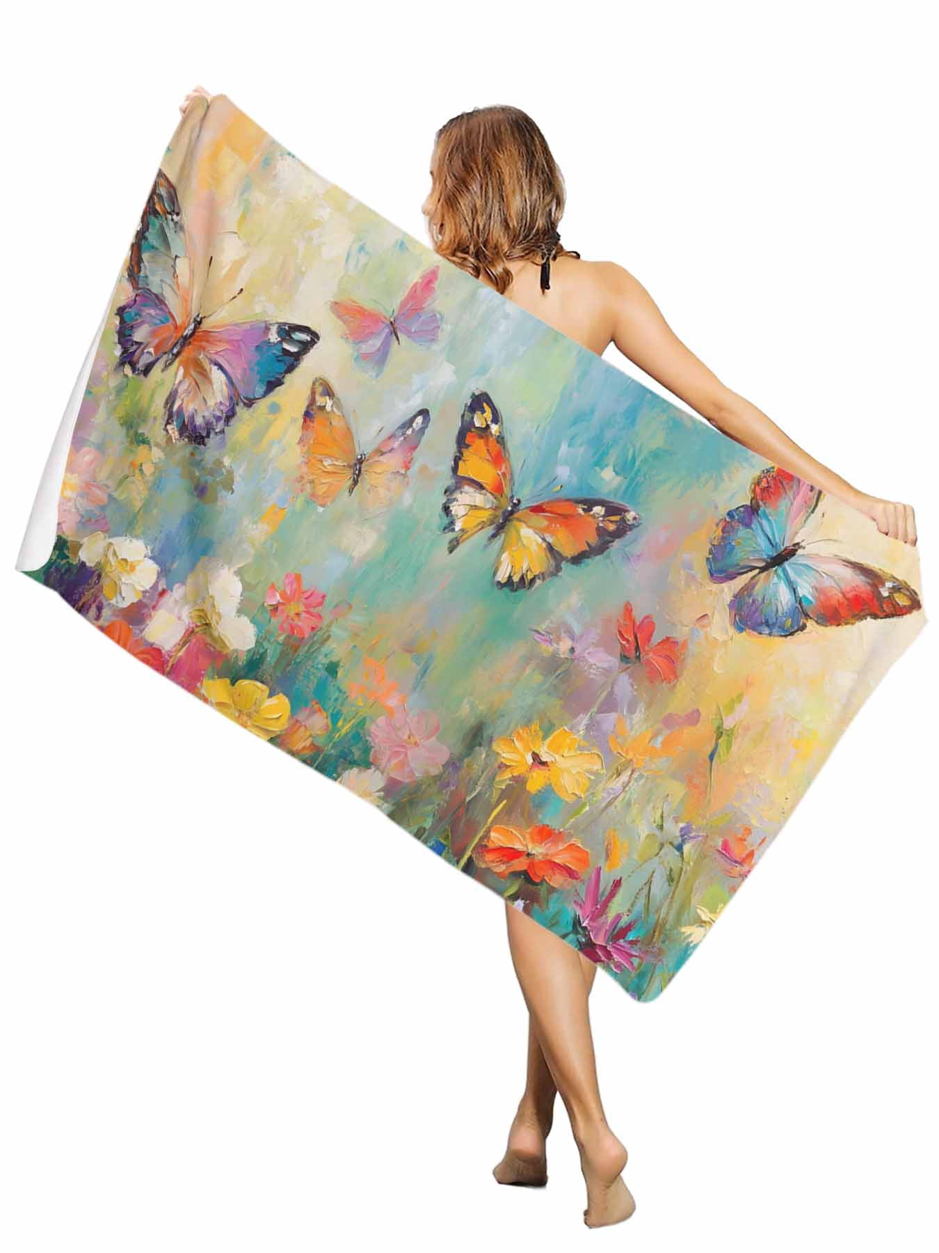 Beach Towel-Watercolor Boho Butterflies Blooms Floral Microfiber ...