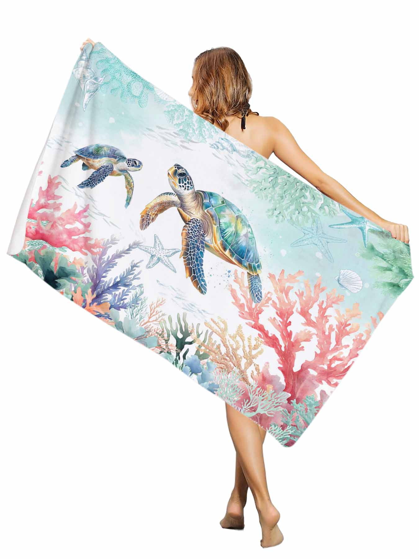 Beach Towel- Watercolor Sea Turtle Coral Fish Microfiber Absorbent ...