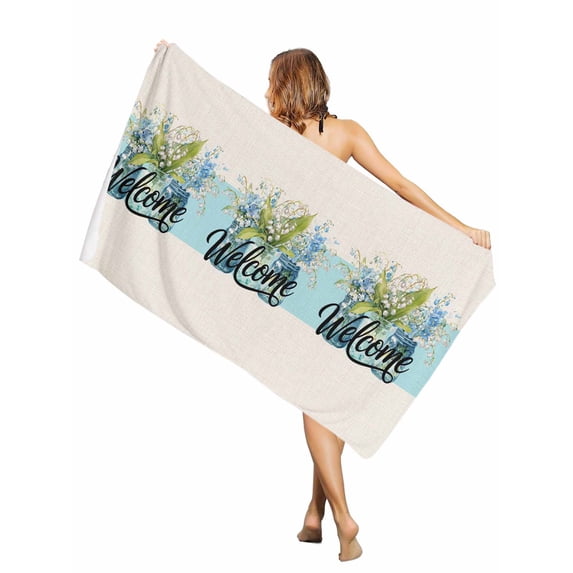 Beach Towel-Welcome Words Flowers Lavender Microfiber Absorbent Quick ...