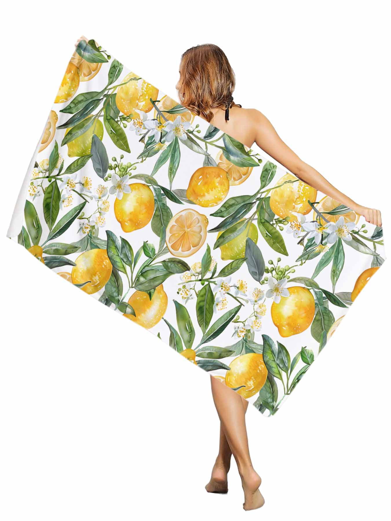 Beach Towel- Yellow Lemon Green Leaves Flowers Microfiber Absorbent ...