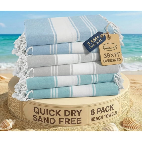Beach Towels 6 Pack Bulk Oversized Pool For Adults Pre-washed Sand Free ...