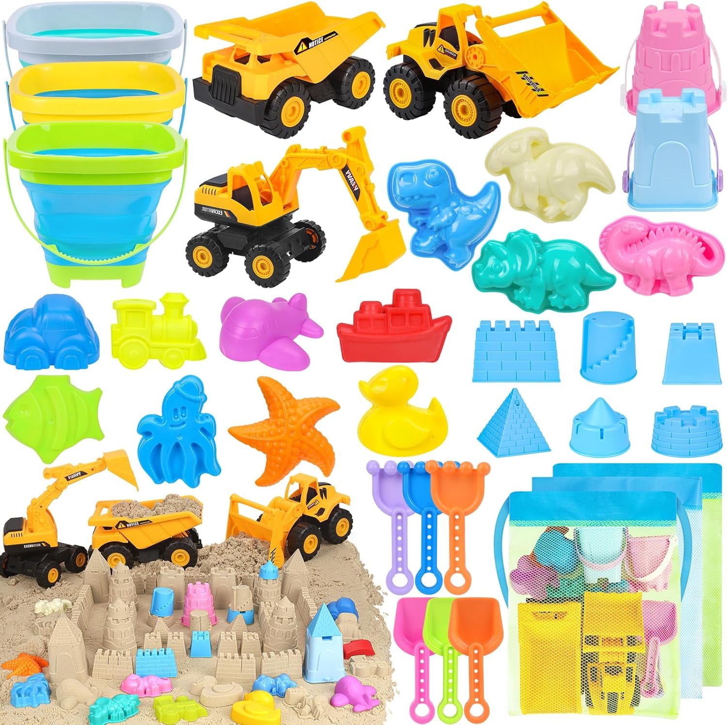 Beach Toys, 35Pcs Sand Toys, Sandbox Toys with 3 Truck 3 Collapsible ...