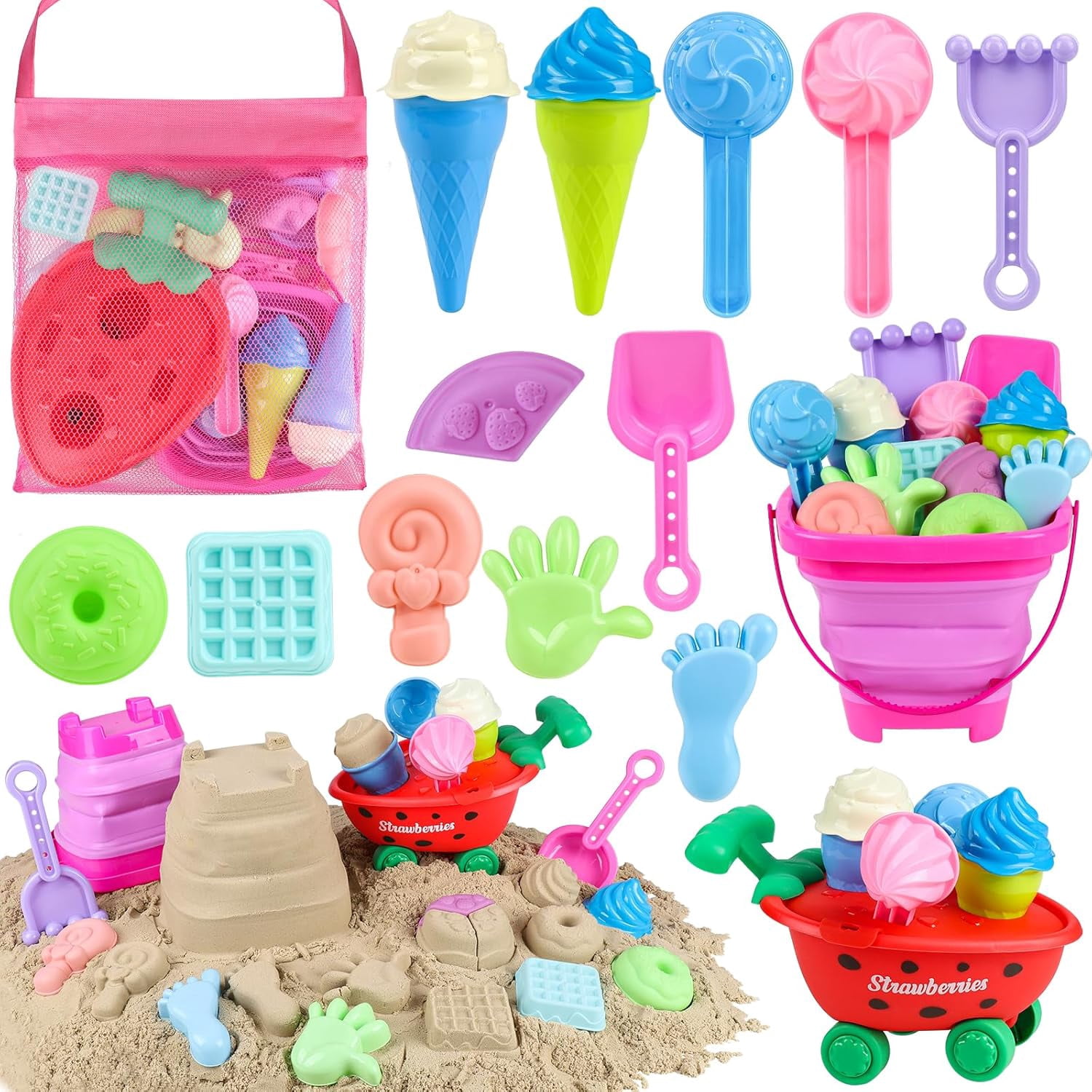 Beach Toys, Ice Cream Sand Toys with Collapsible Beach Bucket, Ice ...