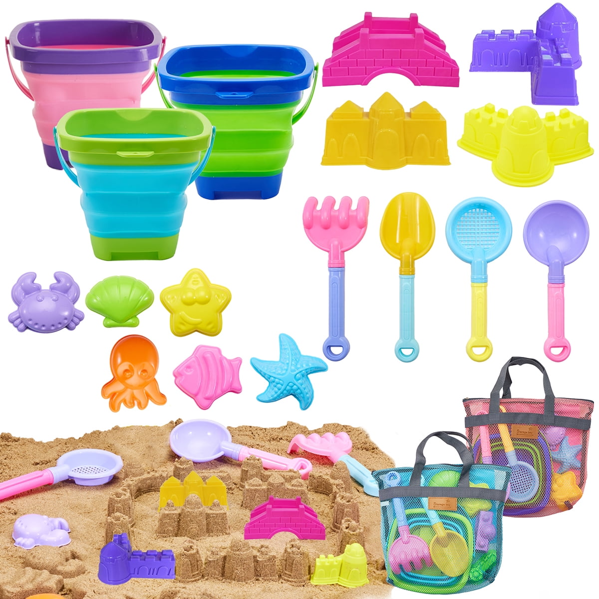 Beach Toys, Sand Beach Toys for Toddlers with 3 Collapsible Foldable ...